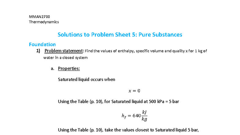 MMAN2700 Thermodynamics Problem Sheet 5 Solutions: Pure Substances ...