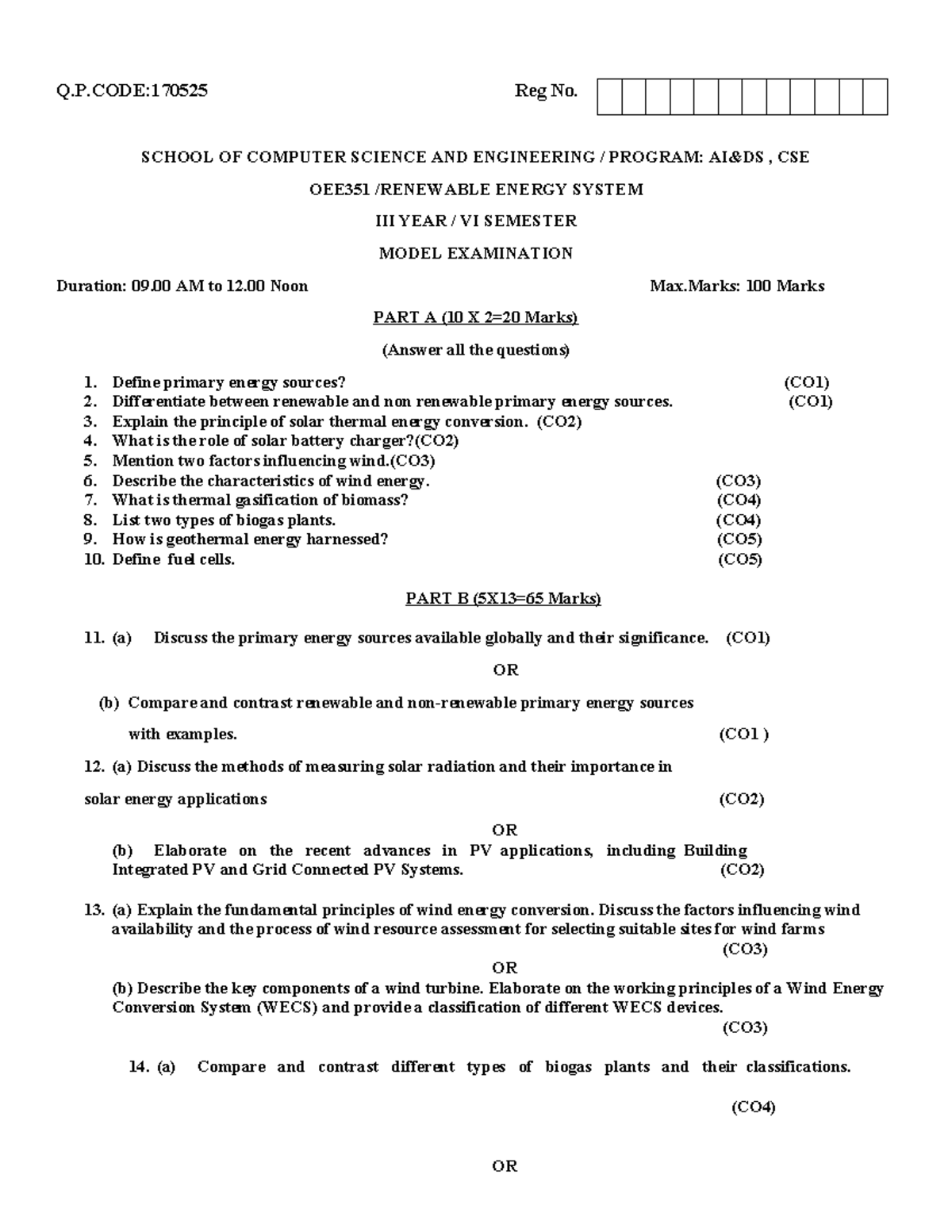 CSE OEE351 Energy Systems Model Exam Question Paper - Studocu