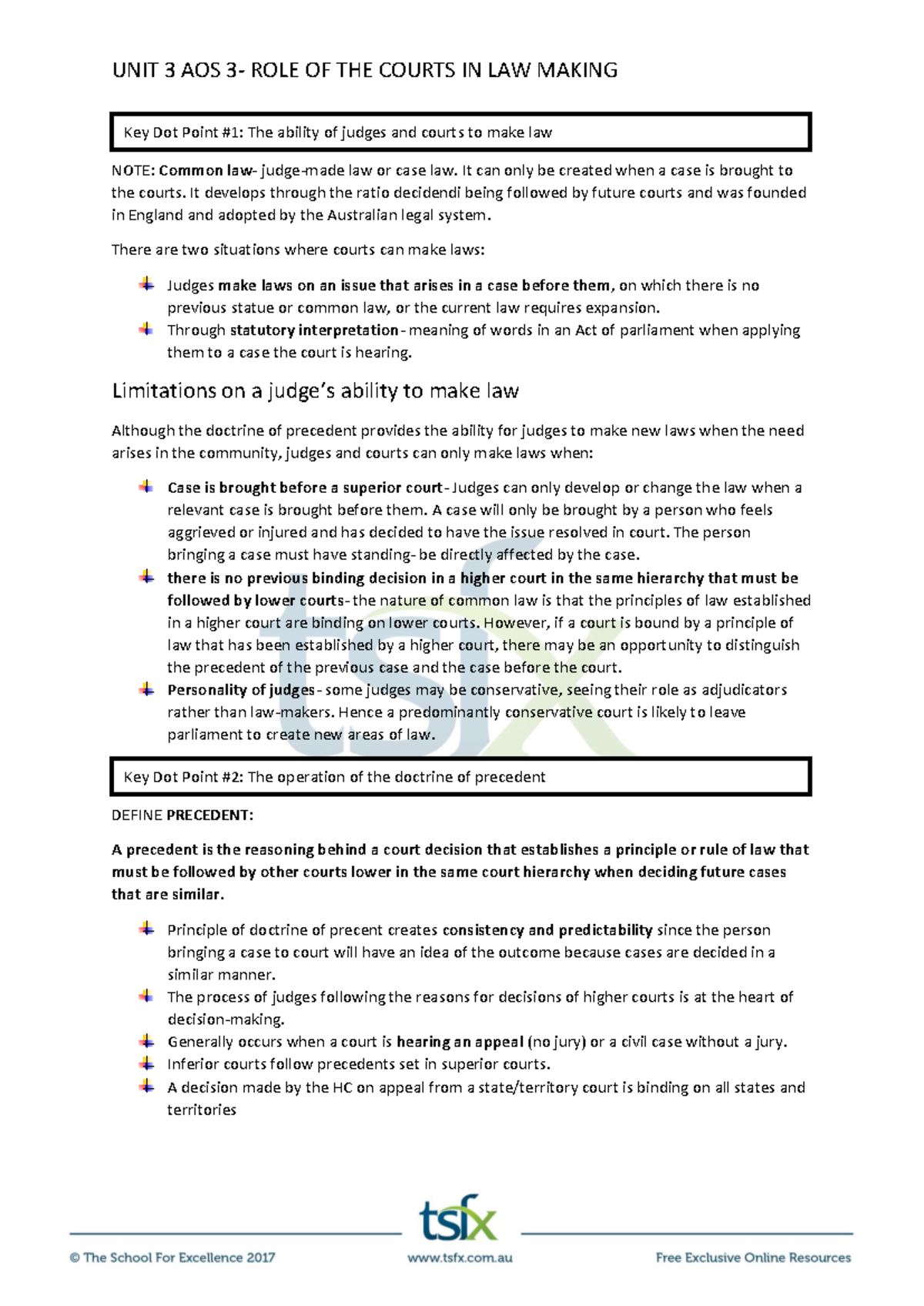 Year 12 Legal Studies: Unit 3 AOS - Role of Courts in Law Making - Studocu