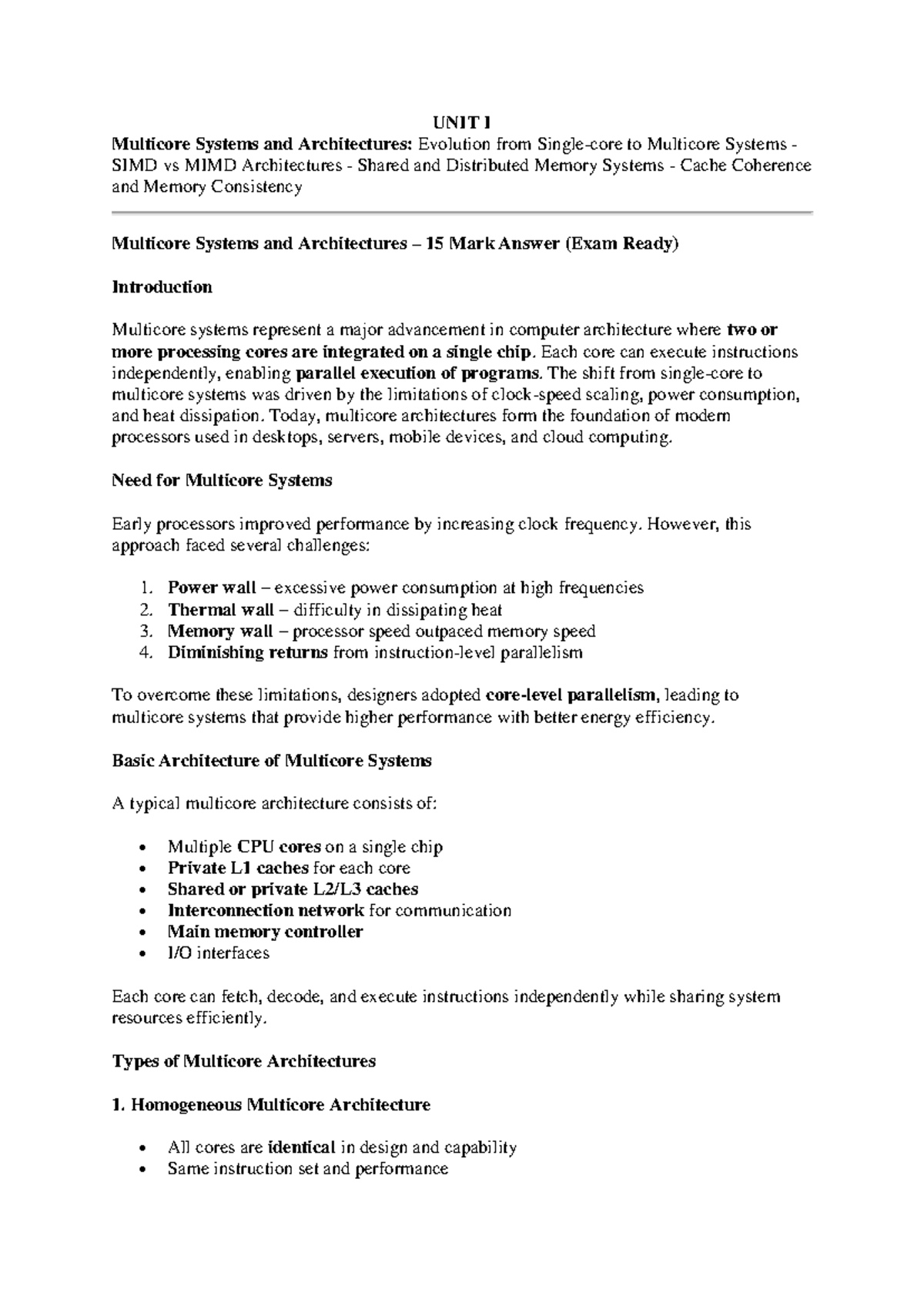 MA 1 TO 6 - Notes on Multicore Systems and Architectures - Studocu