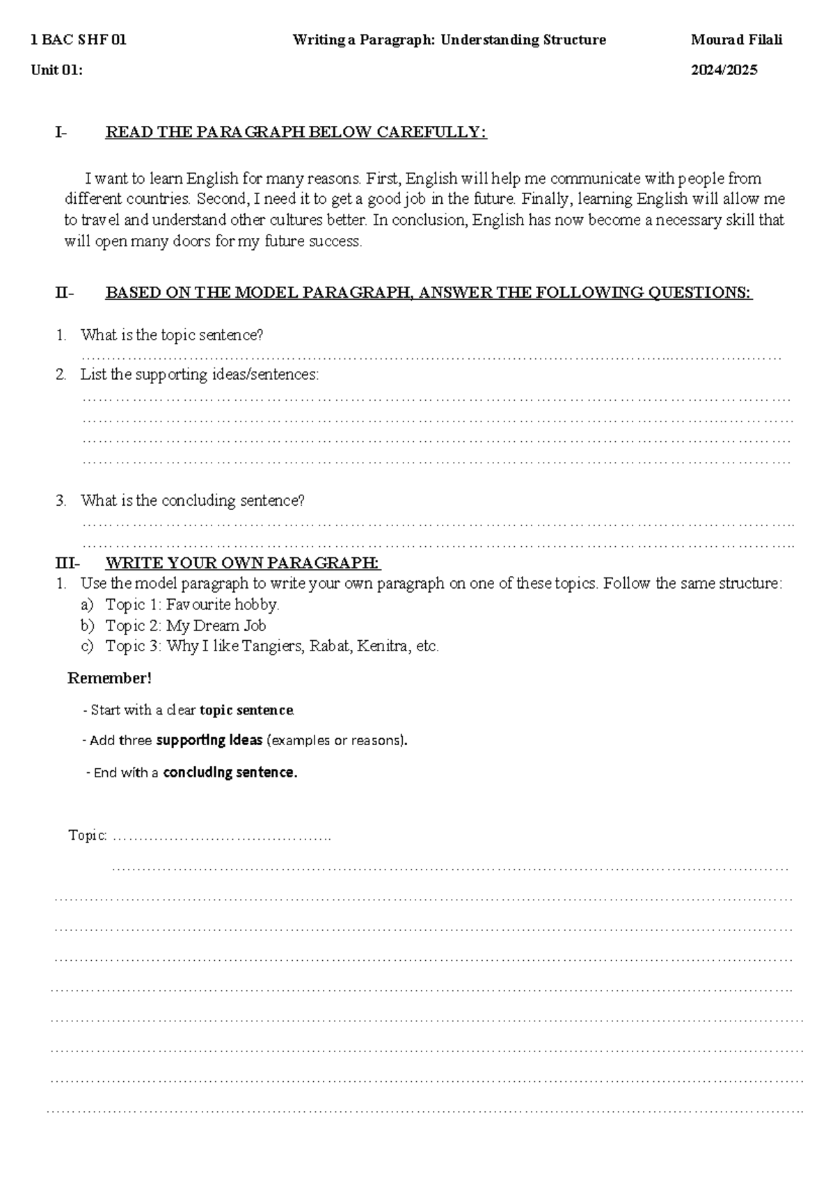 1 BAC SHF 01 Writing a Paragraph: Structure & Practice - Studocu