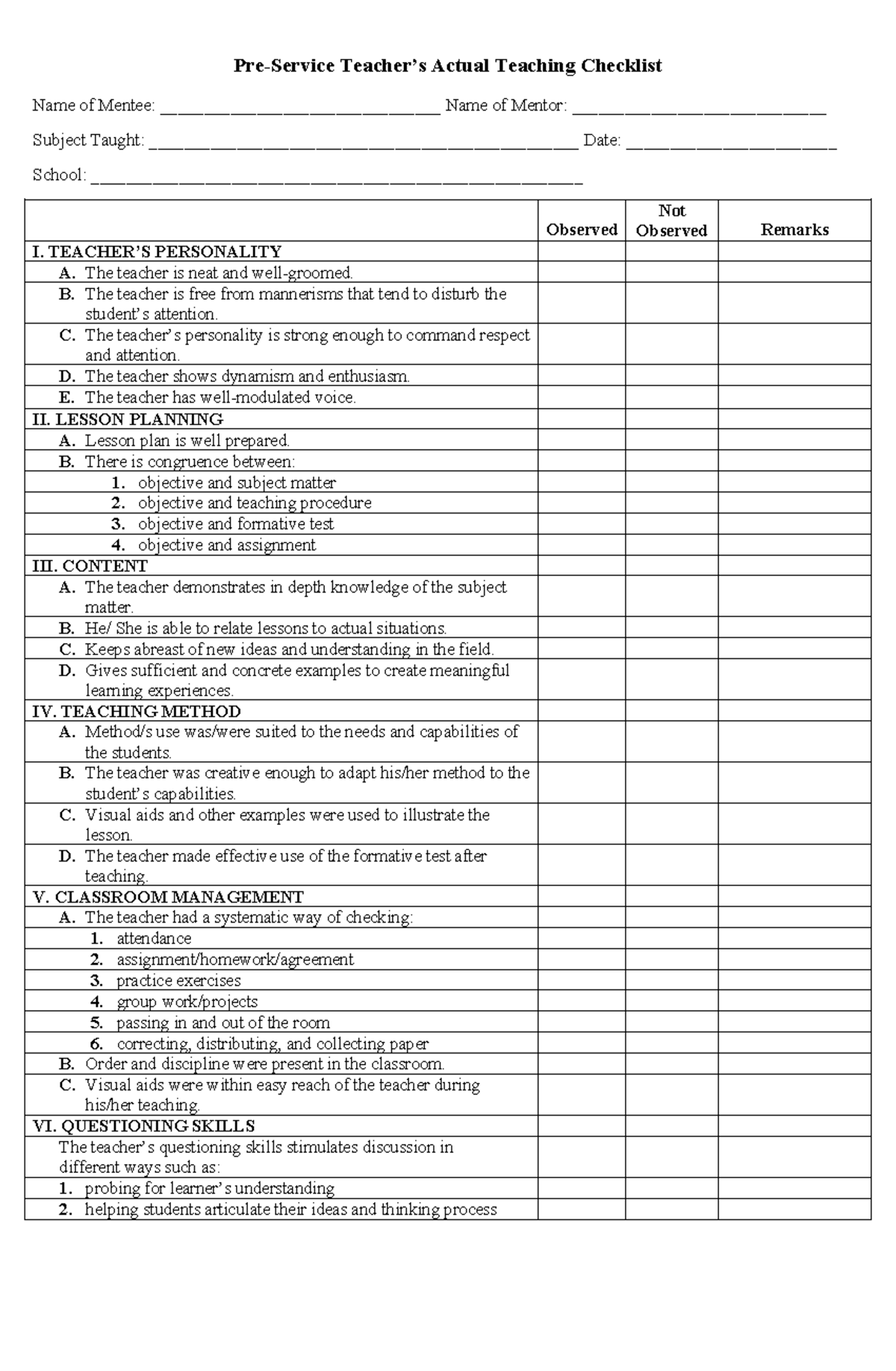Pre-Service Teachers Actual Teaching Checklist - Studocu