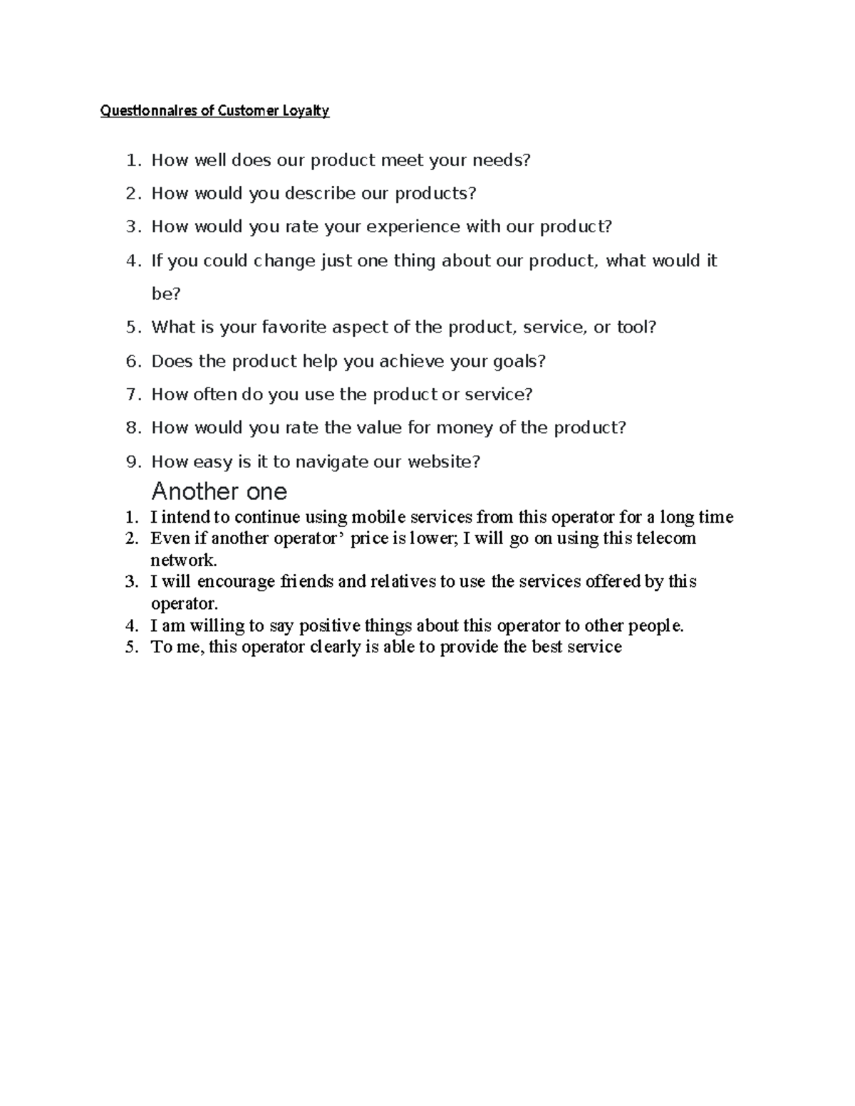 Customer Loyalty Questionnaire: Insights on Product Experience - Studocu