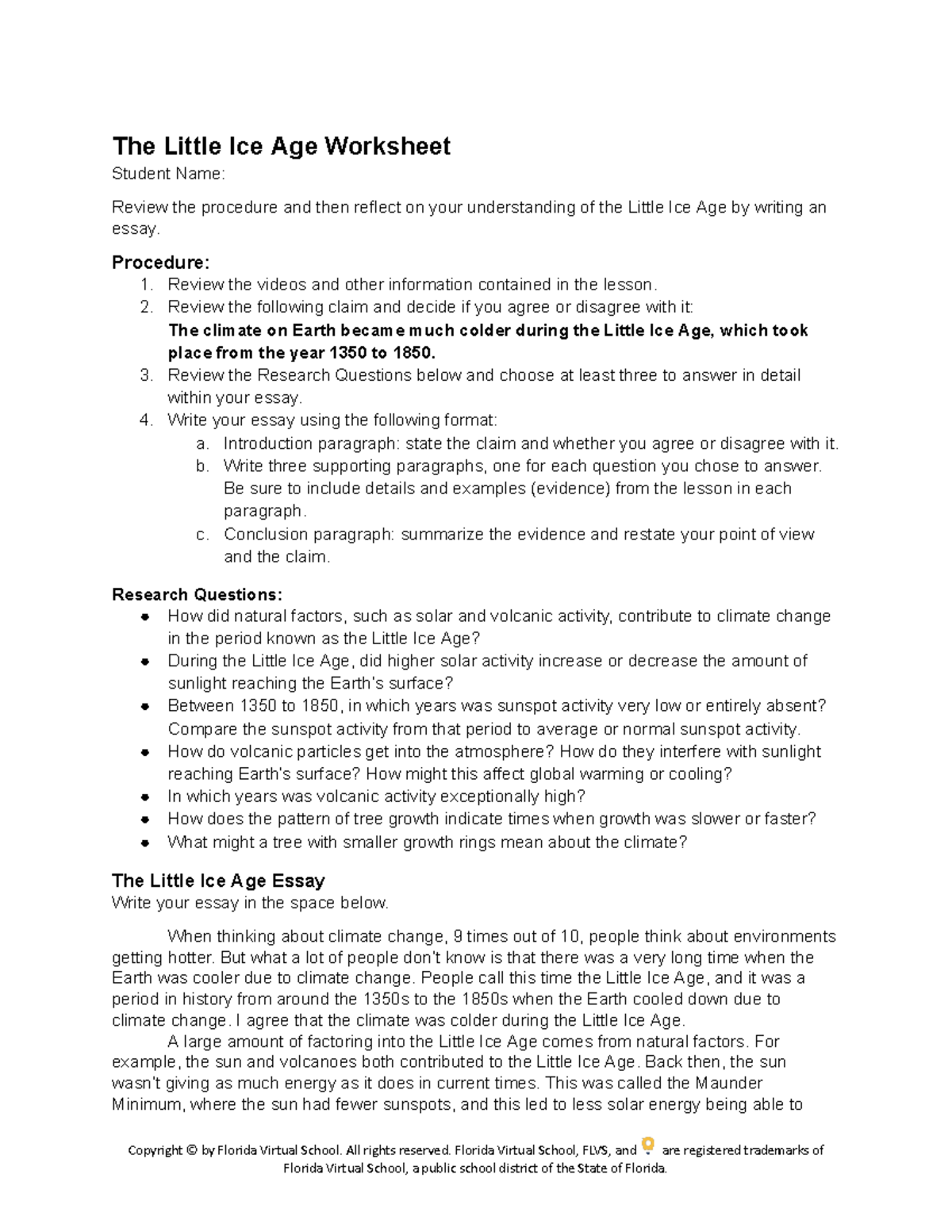 Little Ice Age Essay Worksheet (Course Code: FLVS) - Studocu