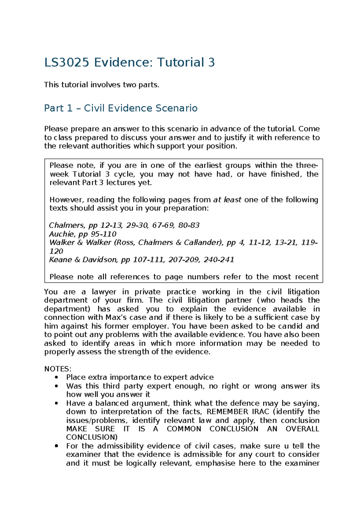LS3025 Evidence: Tutorial 3 - Civil Evidence Scenarios and Analysis ...
