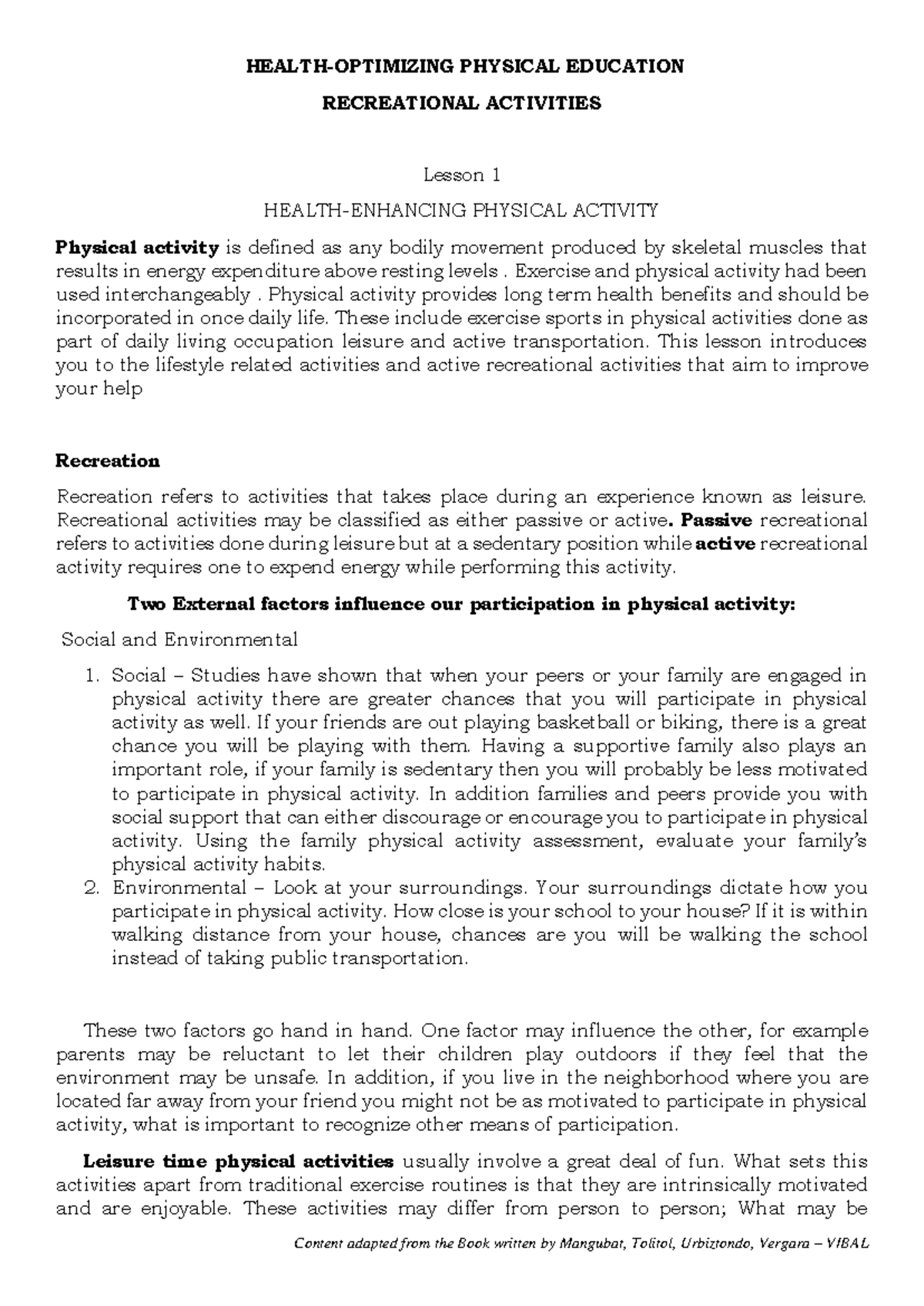Module 1 PE 2nd Sem: Lesson 1 - Physical Activity & Recreation - Studocu
