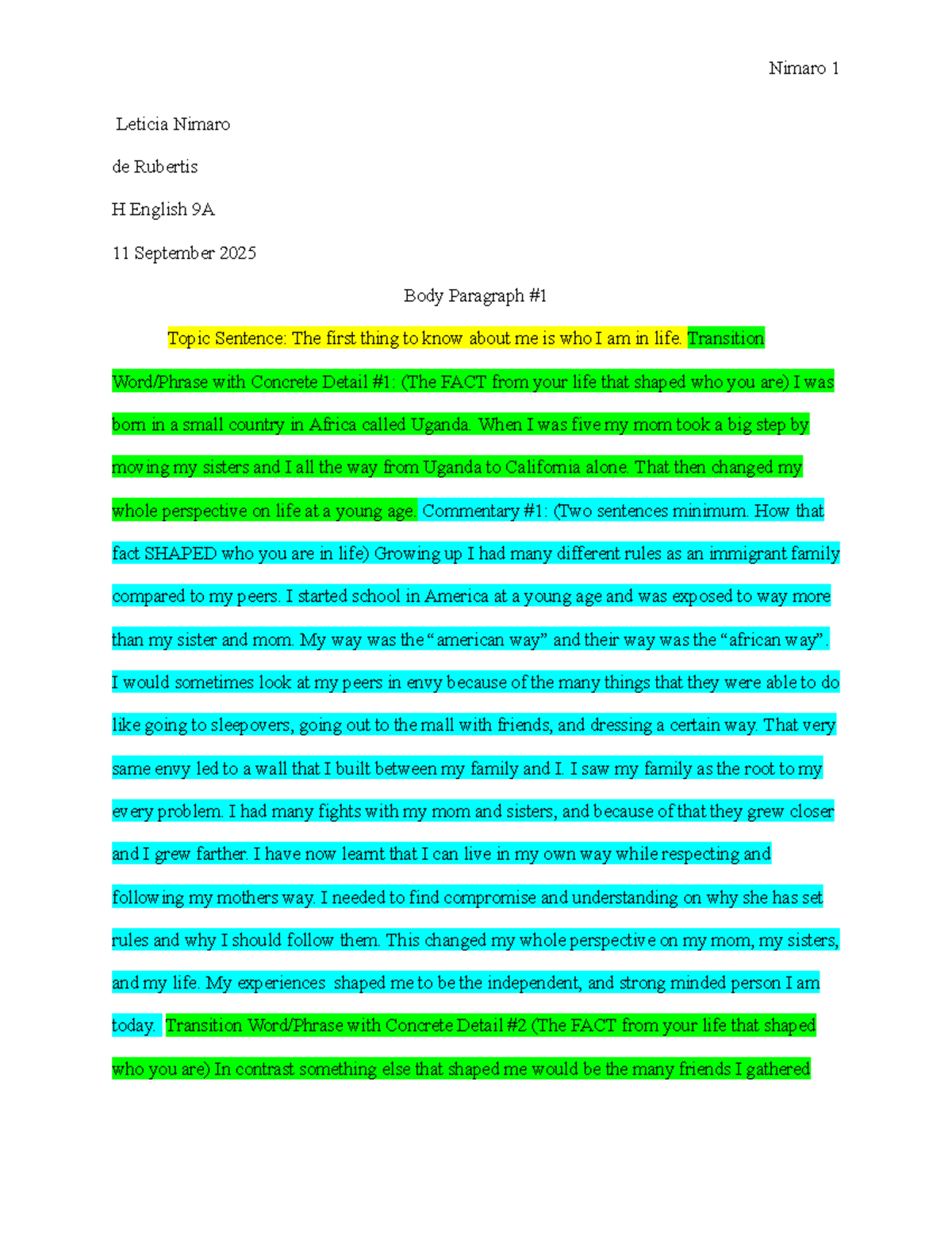 H English 9A Essay Notes: Body Paragraph Template on Identity - Studocu