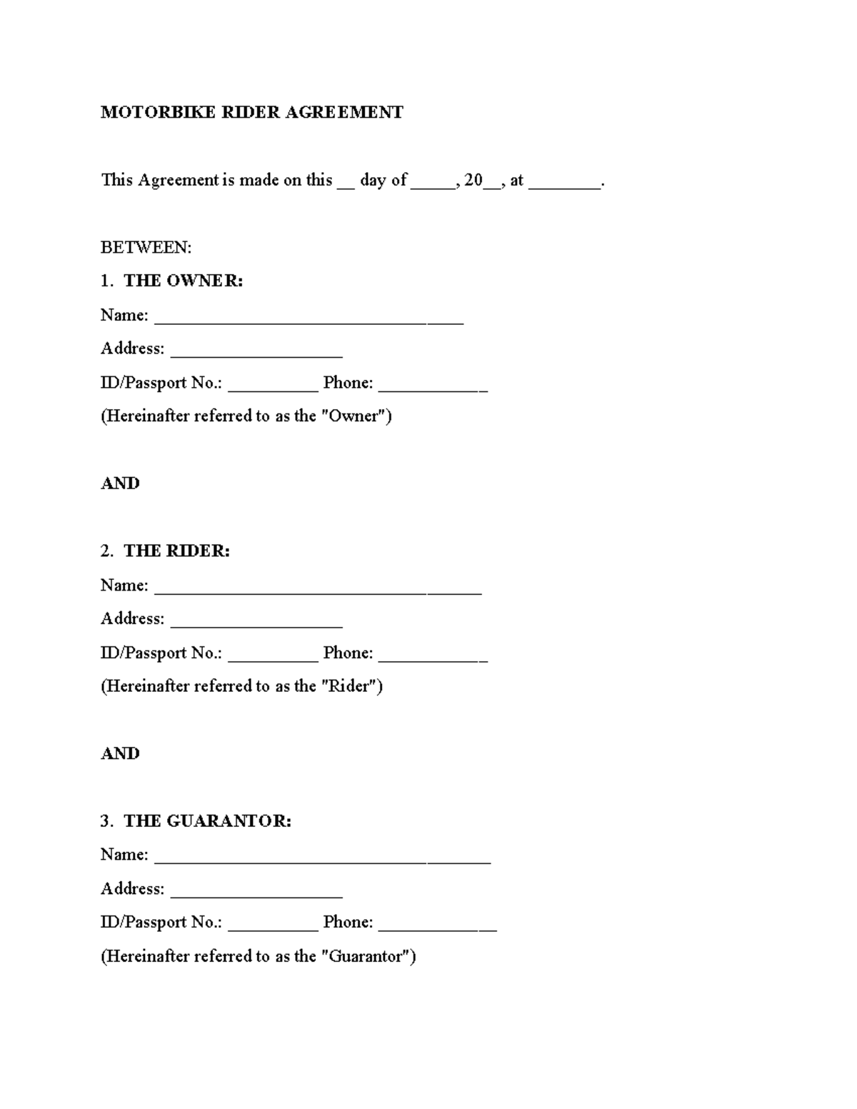 Motorbike Rider Agreement Template for Daily Hire - Studocu