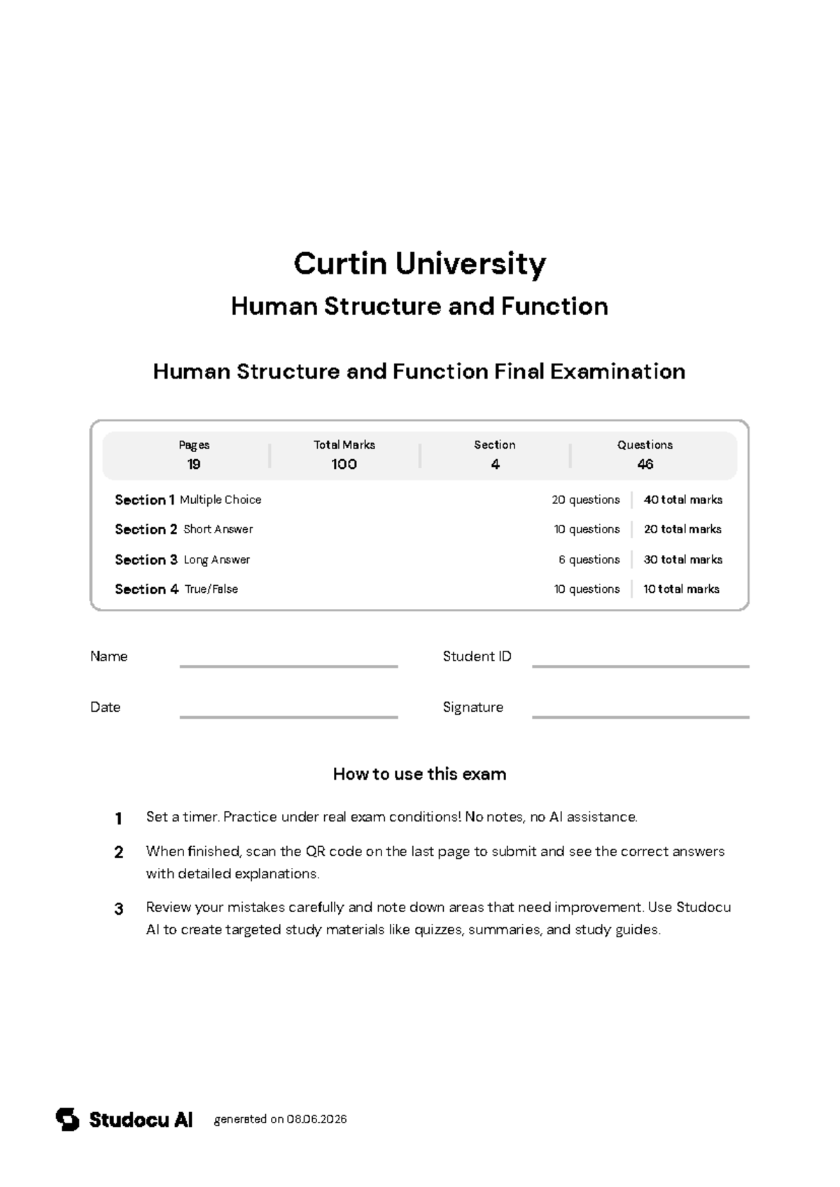 Human Structure and Function Final Exam - Studocu