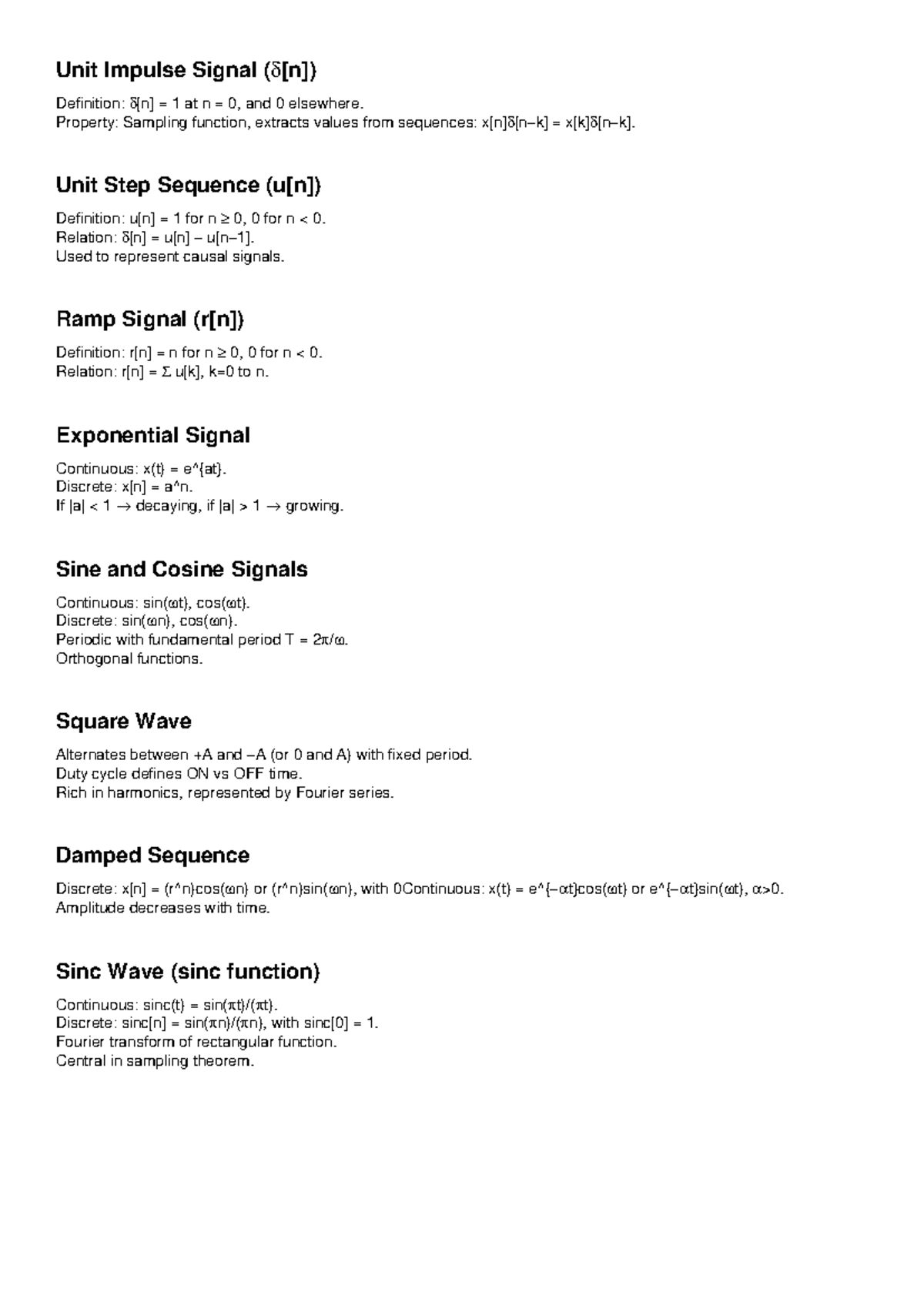 Signals Theory - Lecture Notes on Impulse, Step, and Wave Signals - Studocu