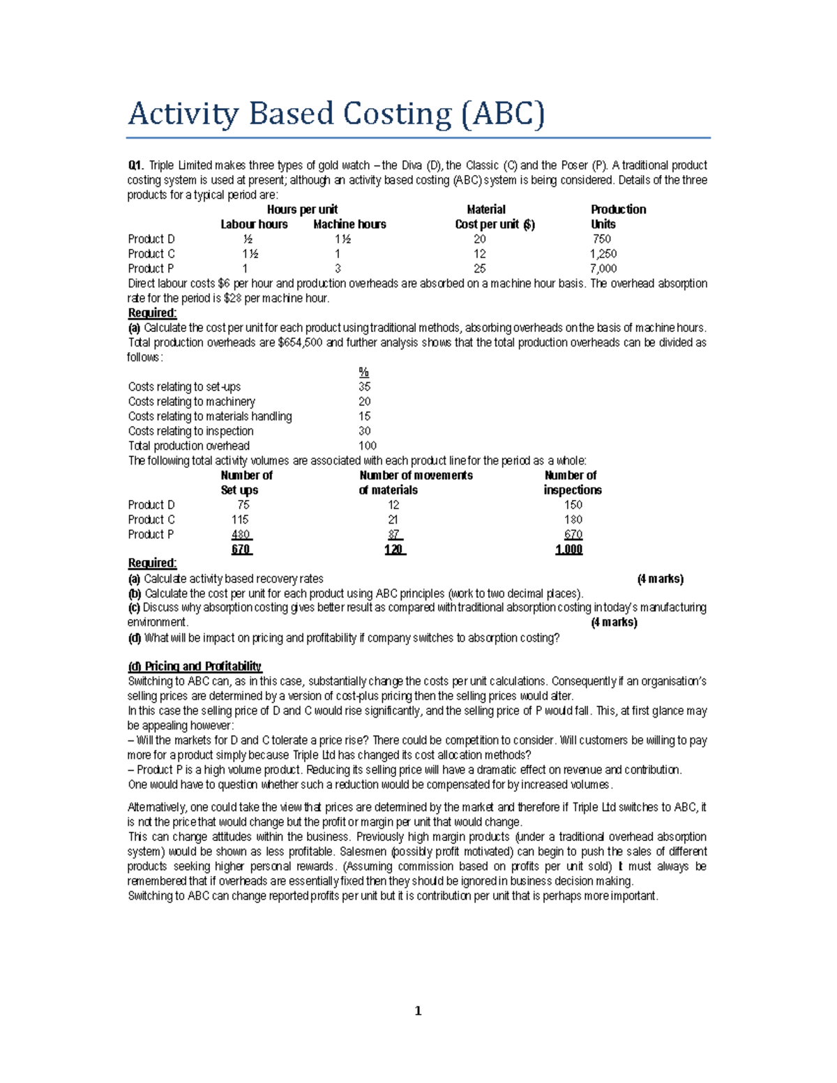 ABC fall 2019 - Practice Questions of Activity-Based Costing - Warning ...