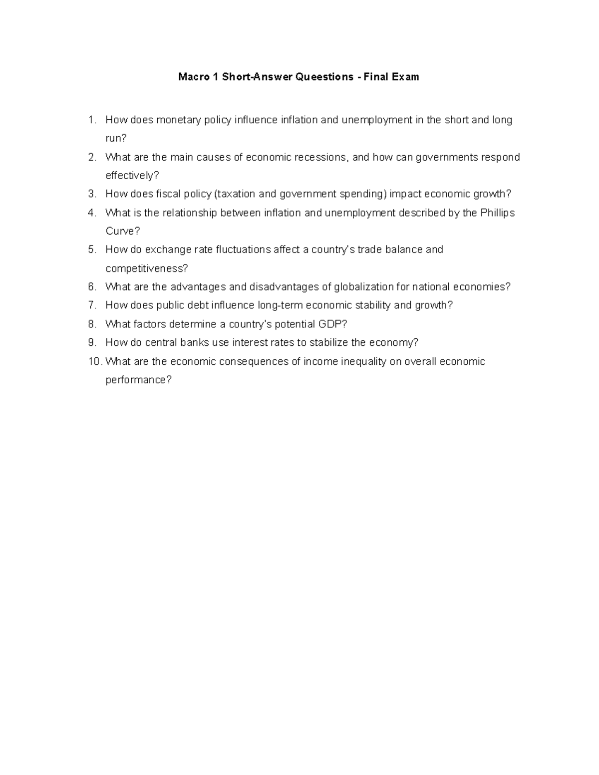 Macro 1 Final Exam Questions on Monetary Policy & Economic Issues - Studocu