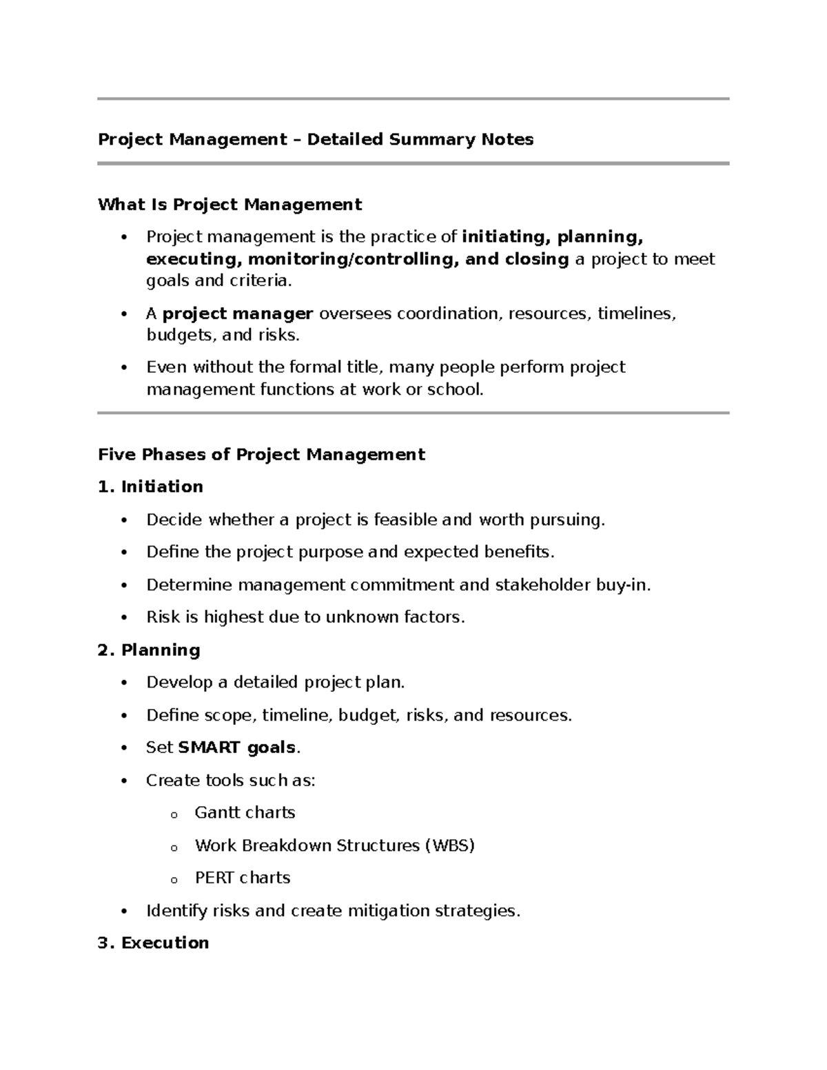 Project Management (PM) Summary Notes: Phases, Tools & Risks - Studocu