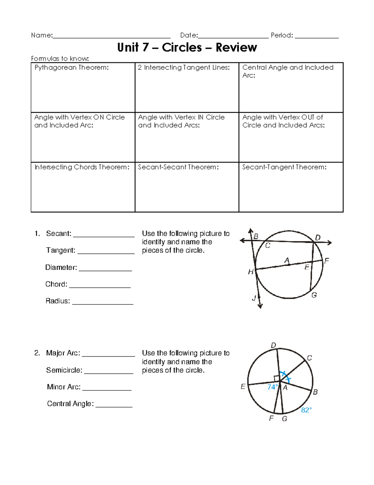 Circle chapter review - unit 7 formulas and theorems - Studocu