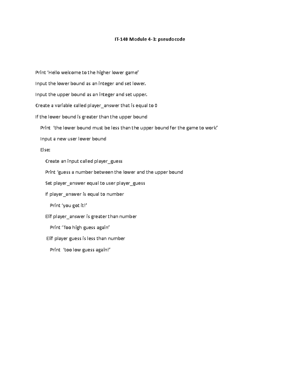 IT-140 Module 4-3: Pseudocode for Higher-Lower Game Logic - Studocu
