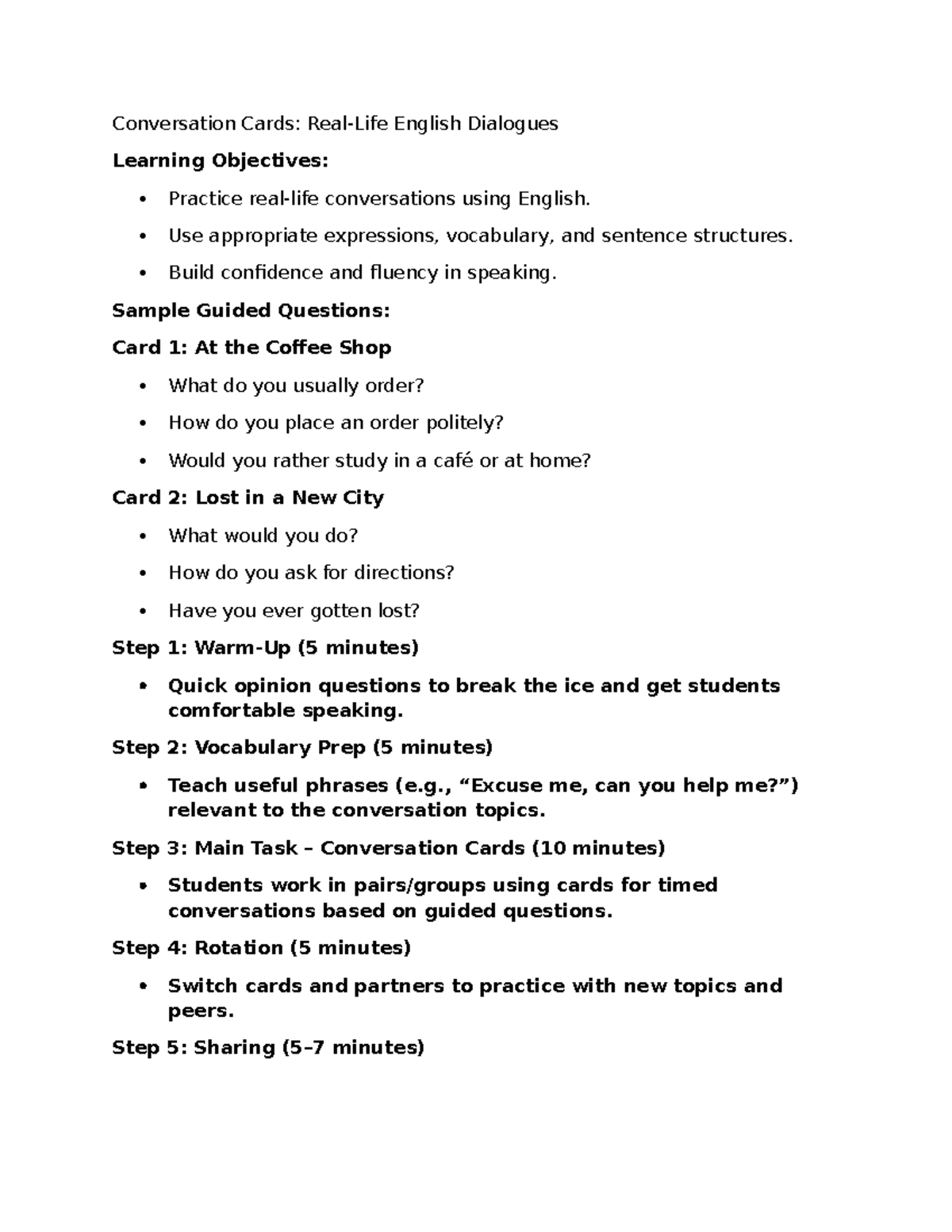 English Conversation Cards: Practice Dialogues & Fluency - Studocu