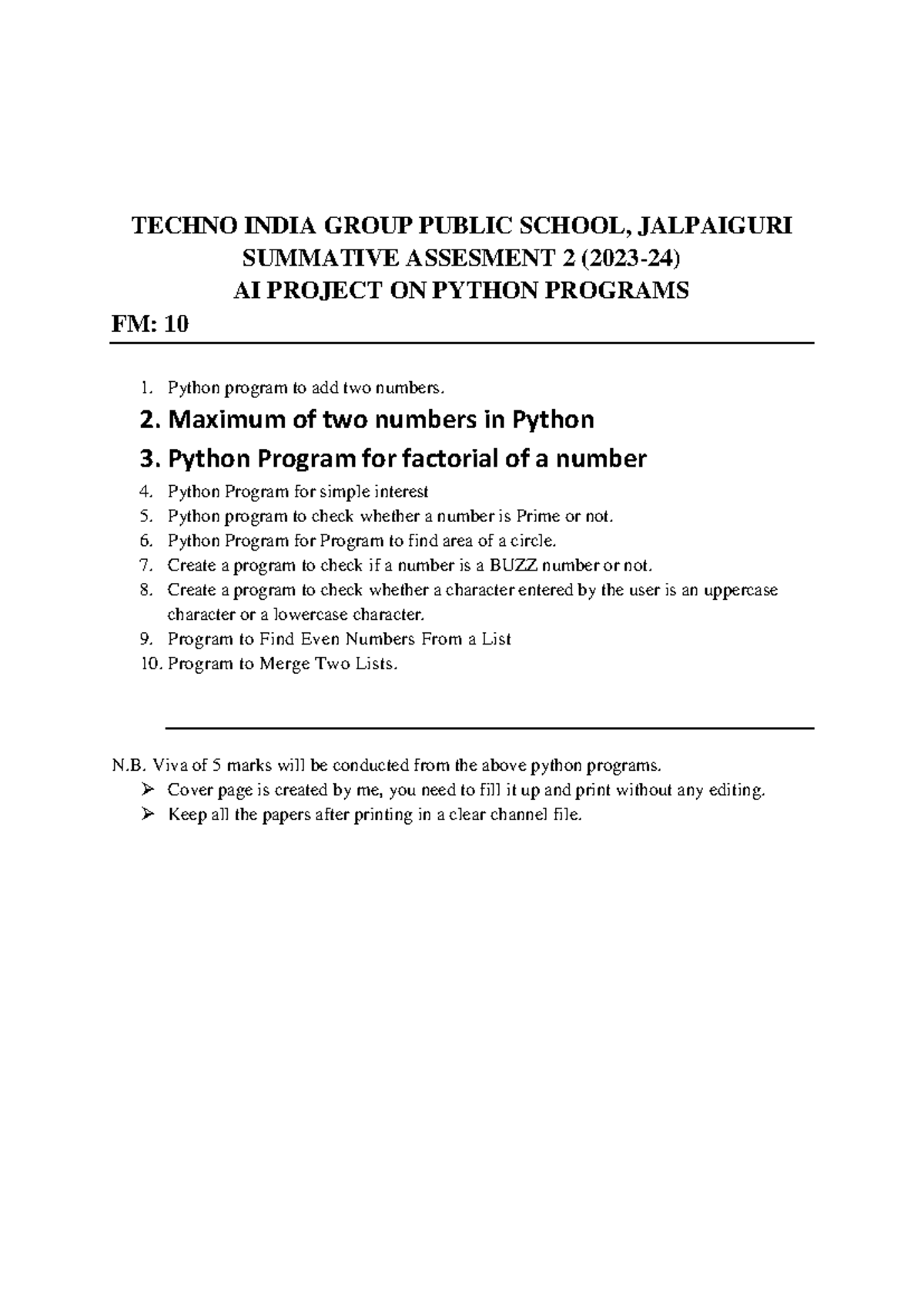 TECHNO INDIA GROUP PUBLIC SCHOOL GRADE 9 AI PROJECT ON PYTHON PROGRAMS ...