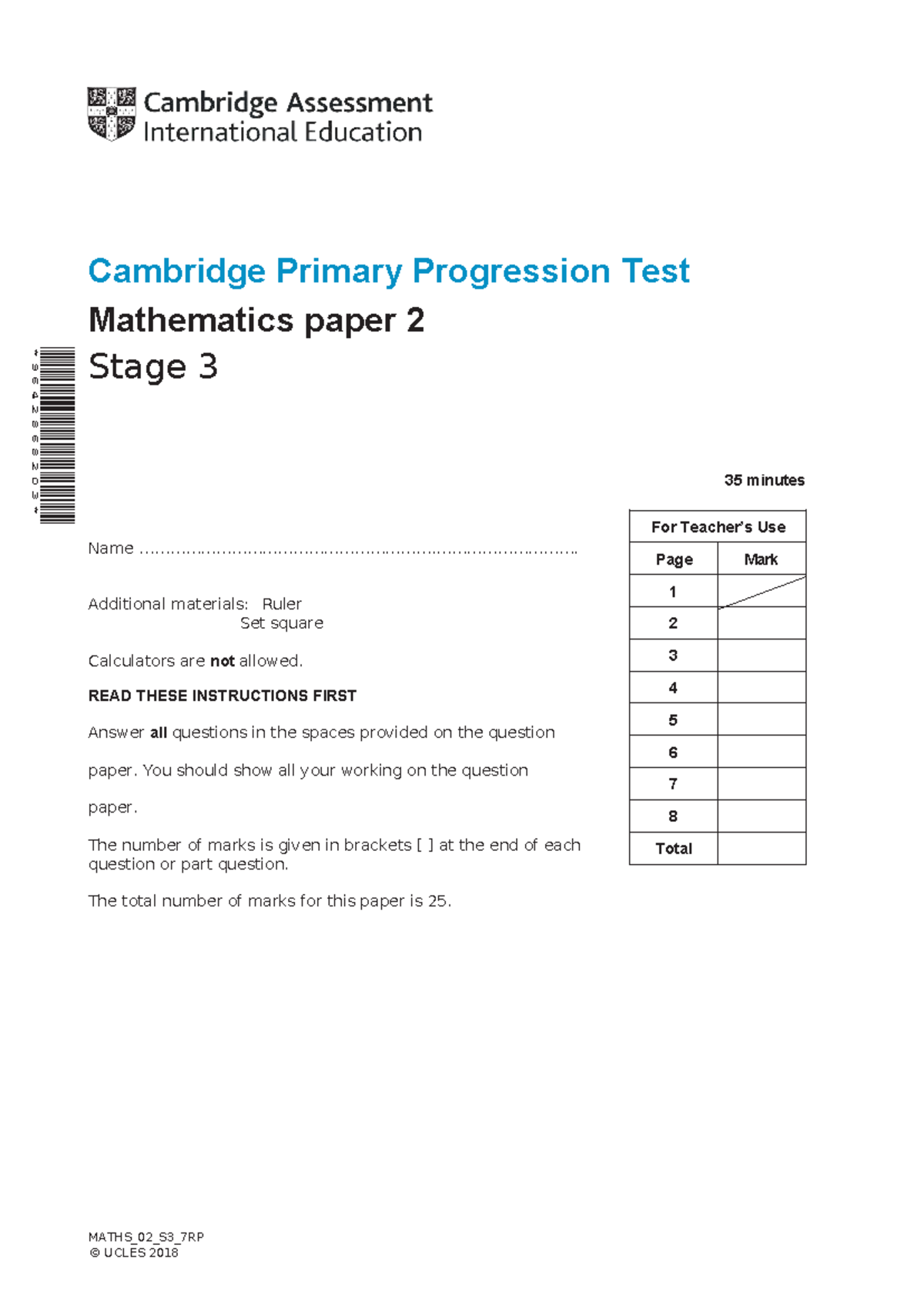 Cambridge Primary Progression Test: Maths Paper 2 (Stage 3) - Studocu