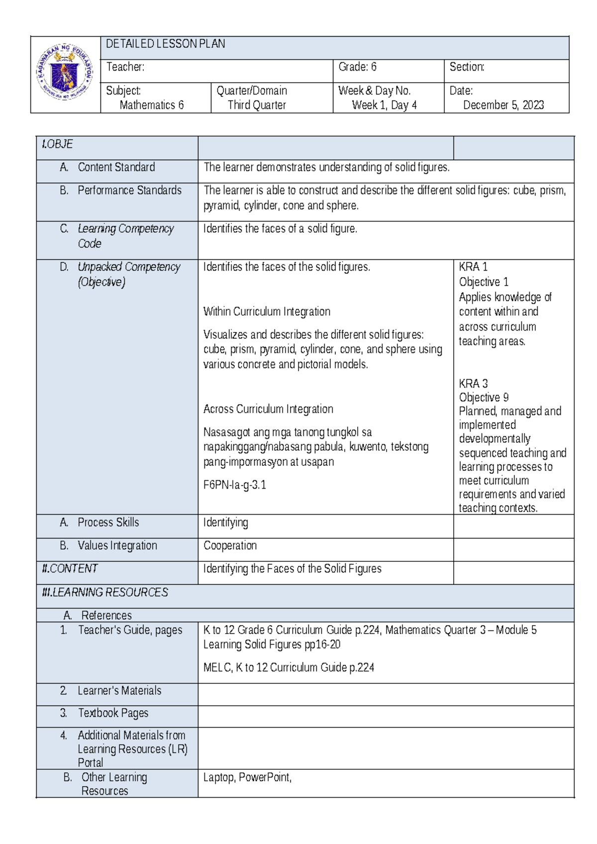 COT3 Q3 Math 6 - Detailed Lesson Plan on Solid Figures - Studocu