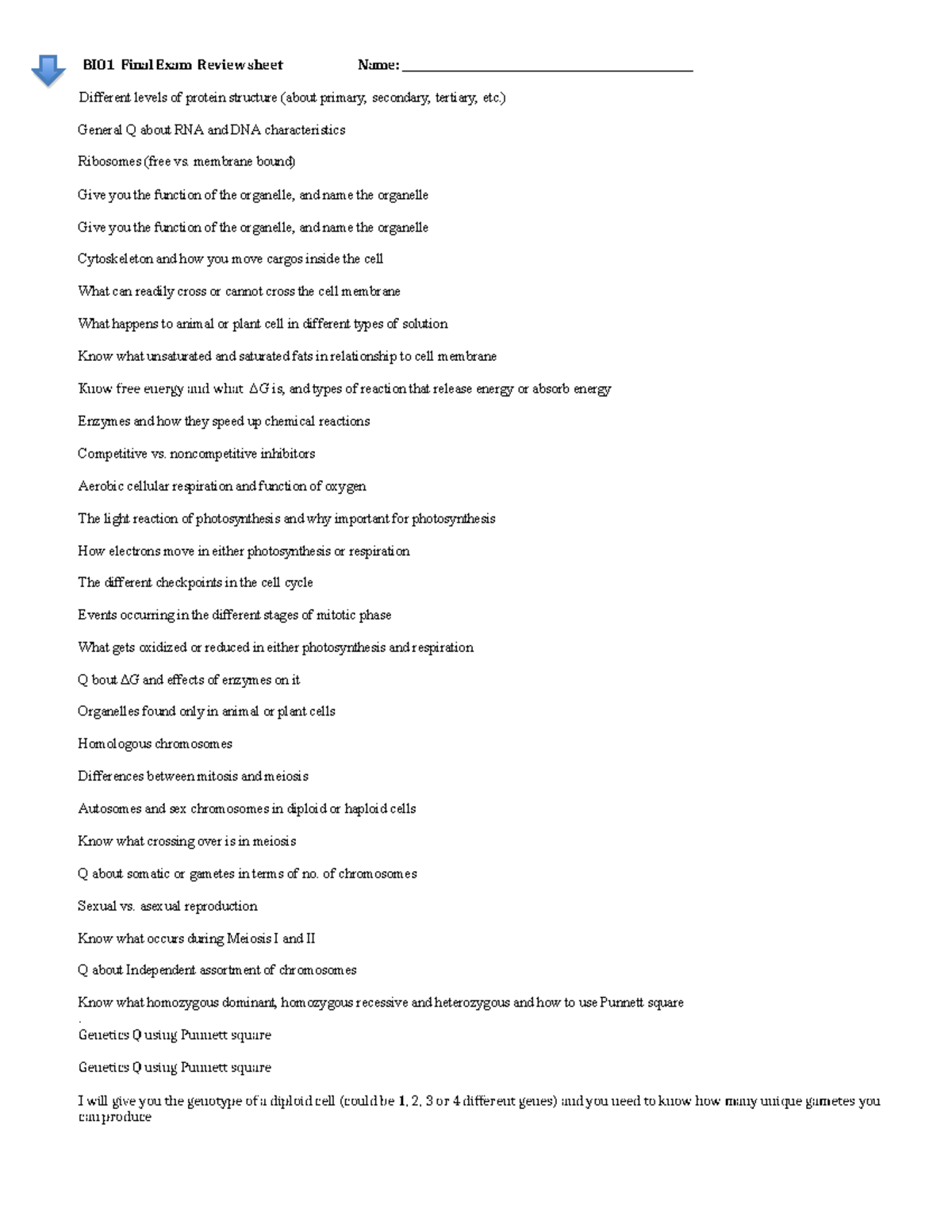 BIO1 Final Exam Review: Genetics & Cell Biology Key Concepts - Studocu