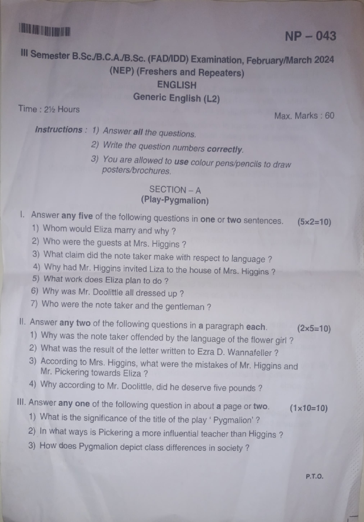 Generic english paper - Il Semester B.Sc/B.C.A/B. (FADADD) Examination ...