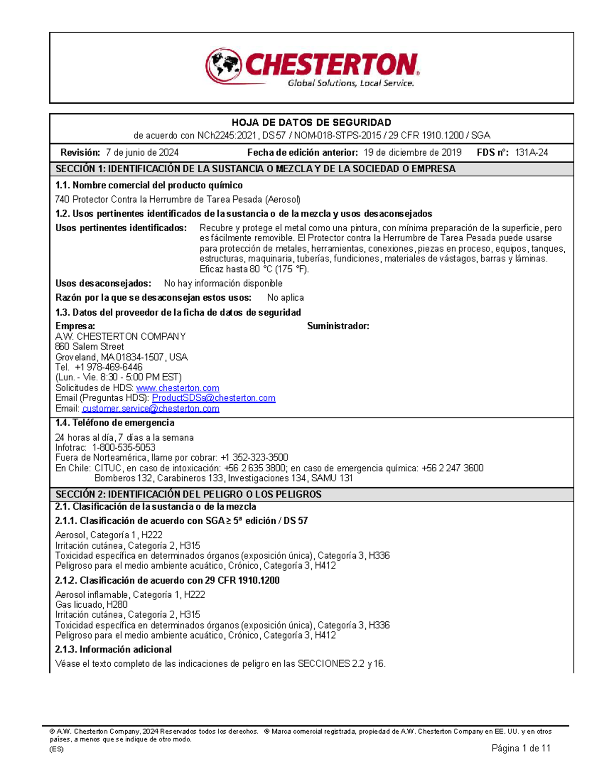 HDS 740: Hoja de Datos de Seguridad del Protector Contra la Herrumbre ...