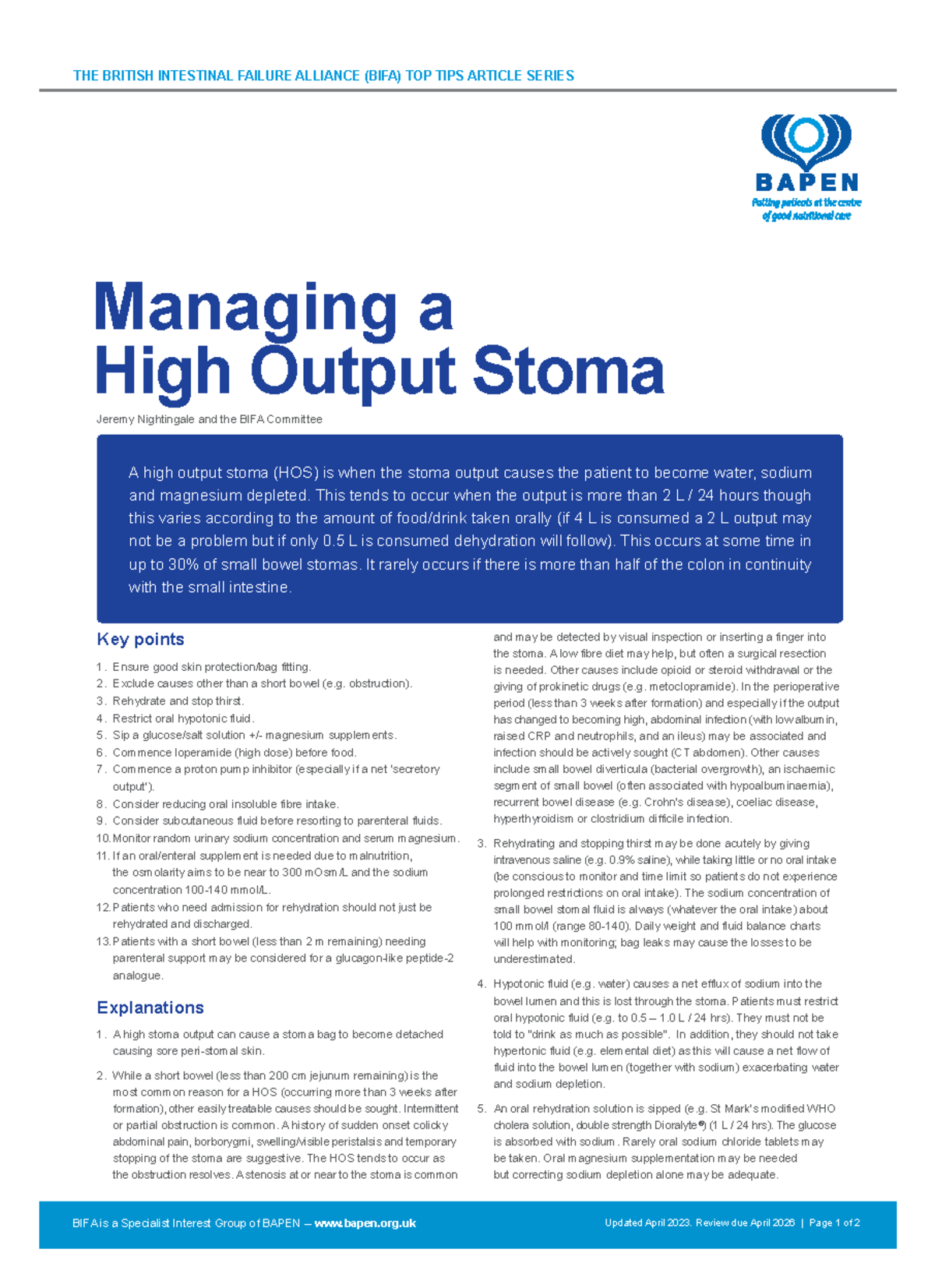 BIFA Top Tips: Managing High Output Stoma - Updated Guidelines - Studocu