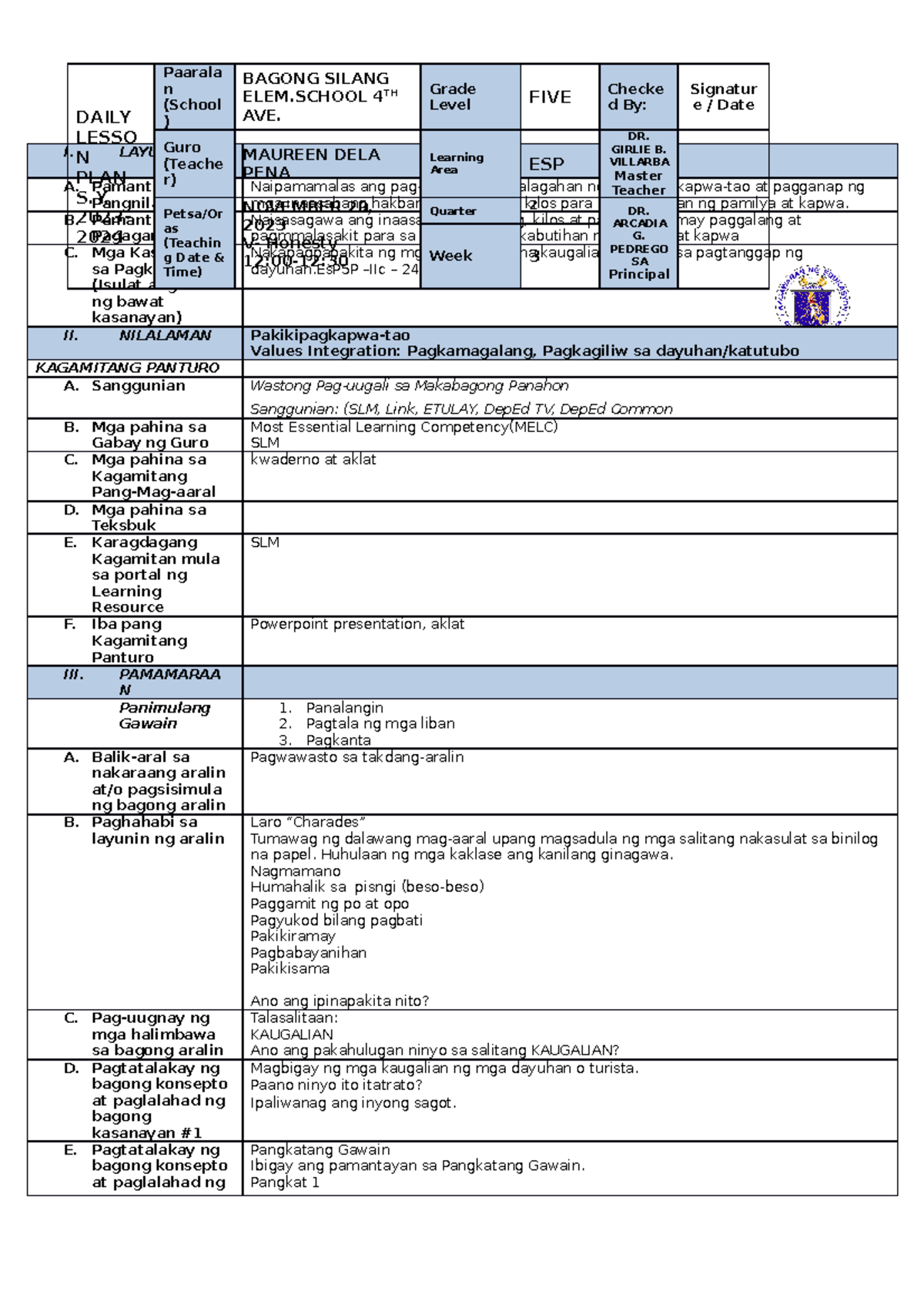 ESP 5 - Lesson Plan for 2nd Quarter, Nov 21 - Studocu