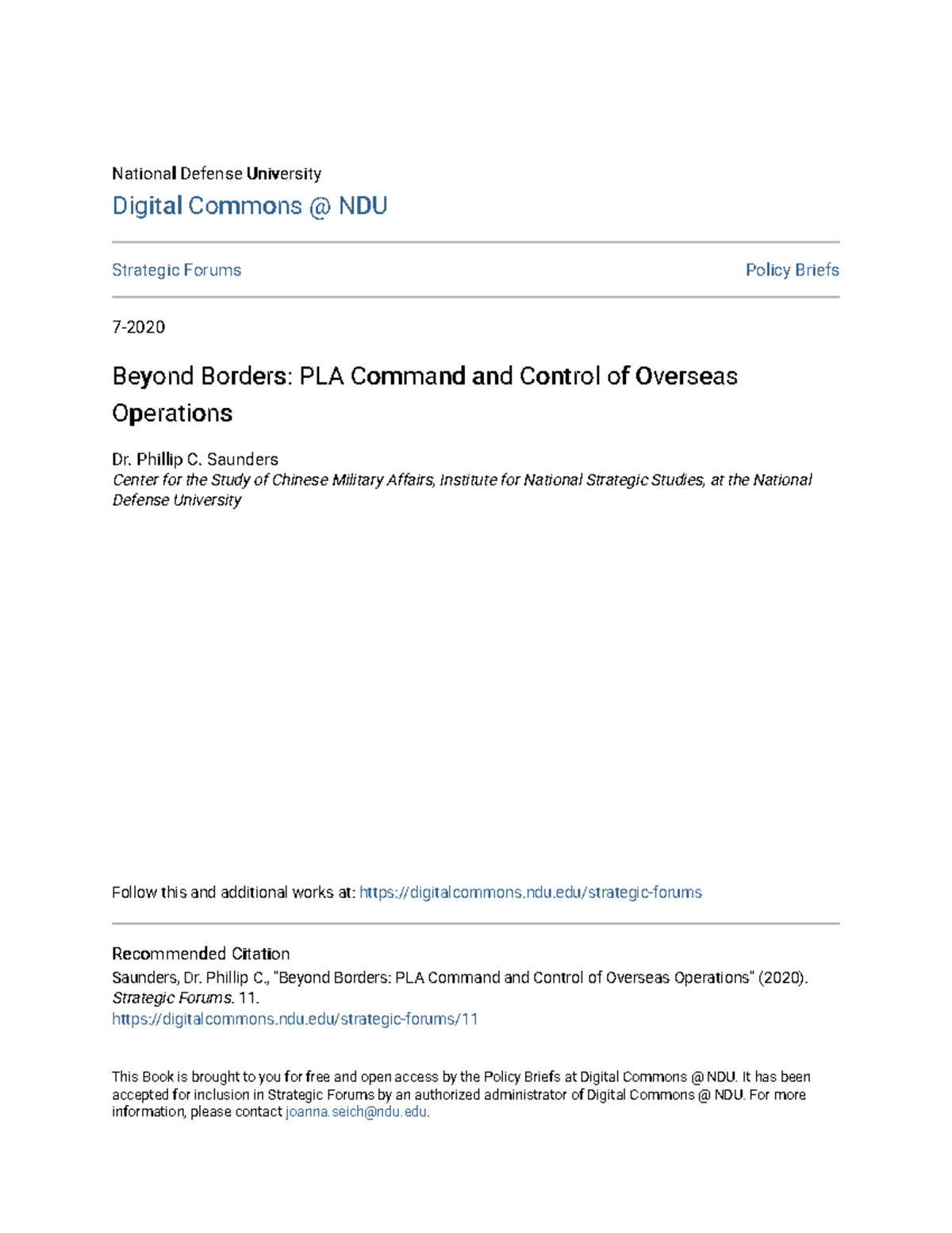 Beyond Borders: PLA Command & Control of Overseas Ops (NDU SF No. 306 ...