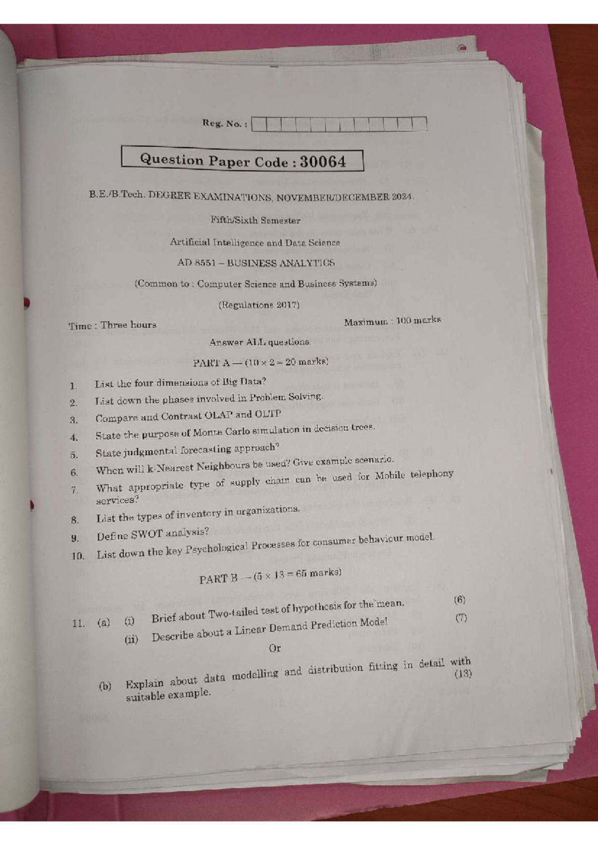 AD8551 ND 24 - BUSINESS ANALYTICS 2024 EXAM QUESTION PAPER - Studocu