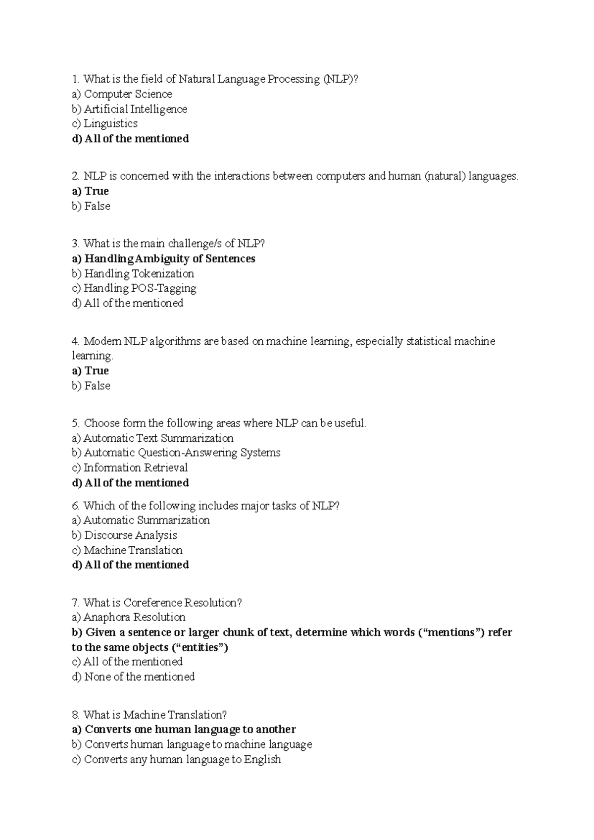 NLP MCQ - One Mark Questions with Answers for CS203 - Studocu