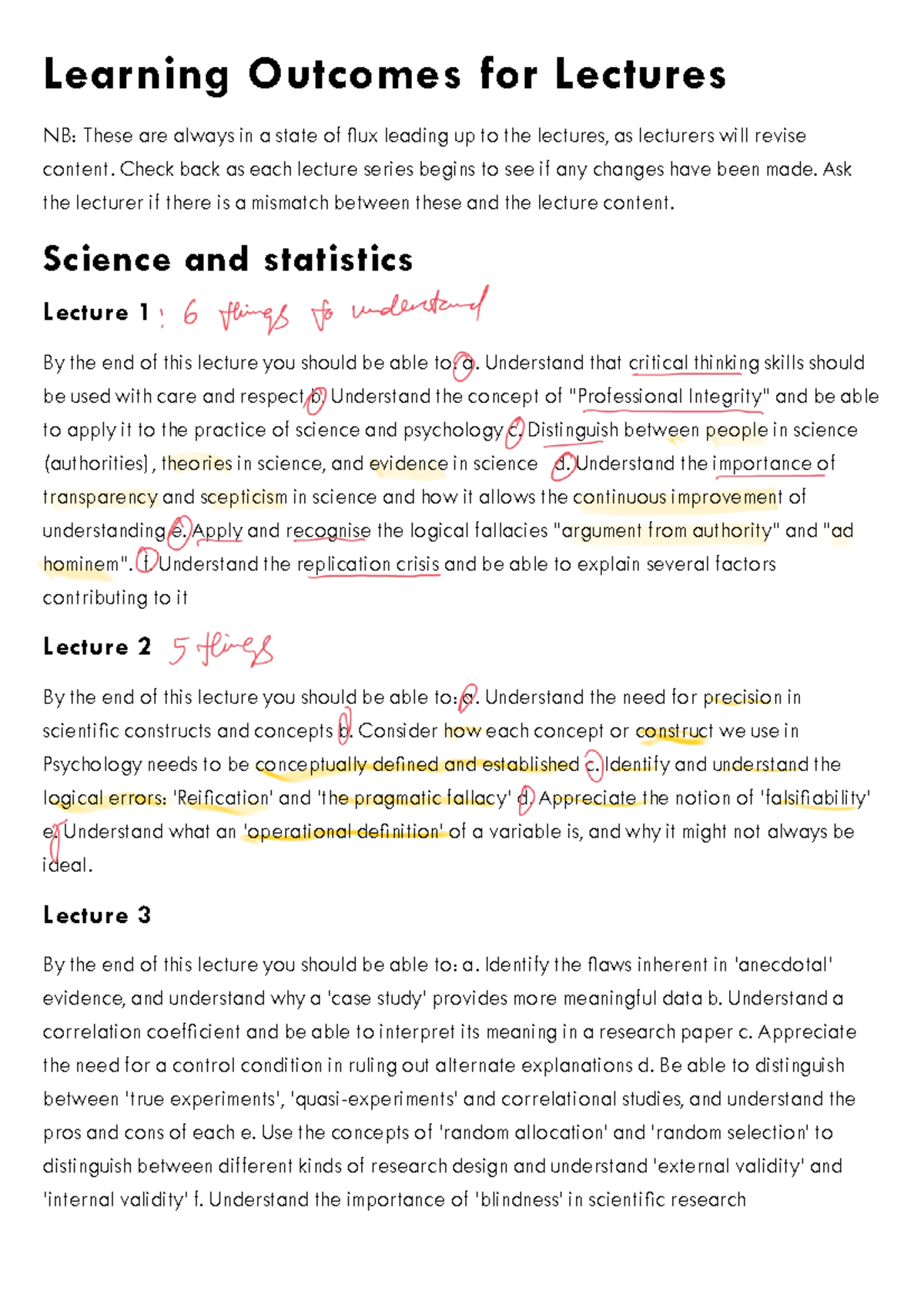 Learning outcomes - What to expect for each lecture PSYC1001 - Learning ...