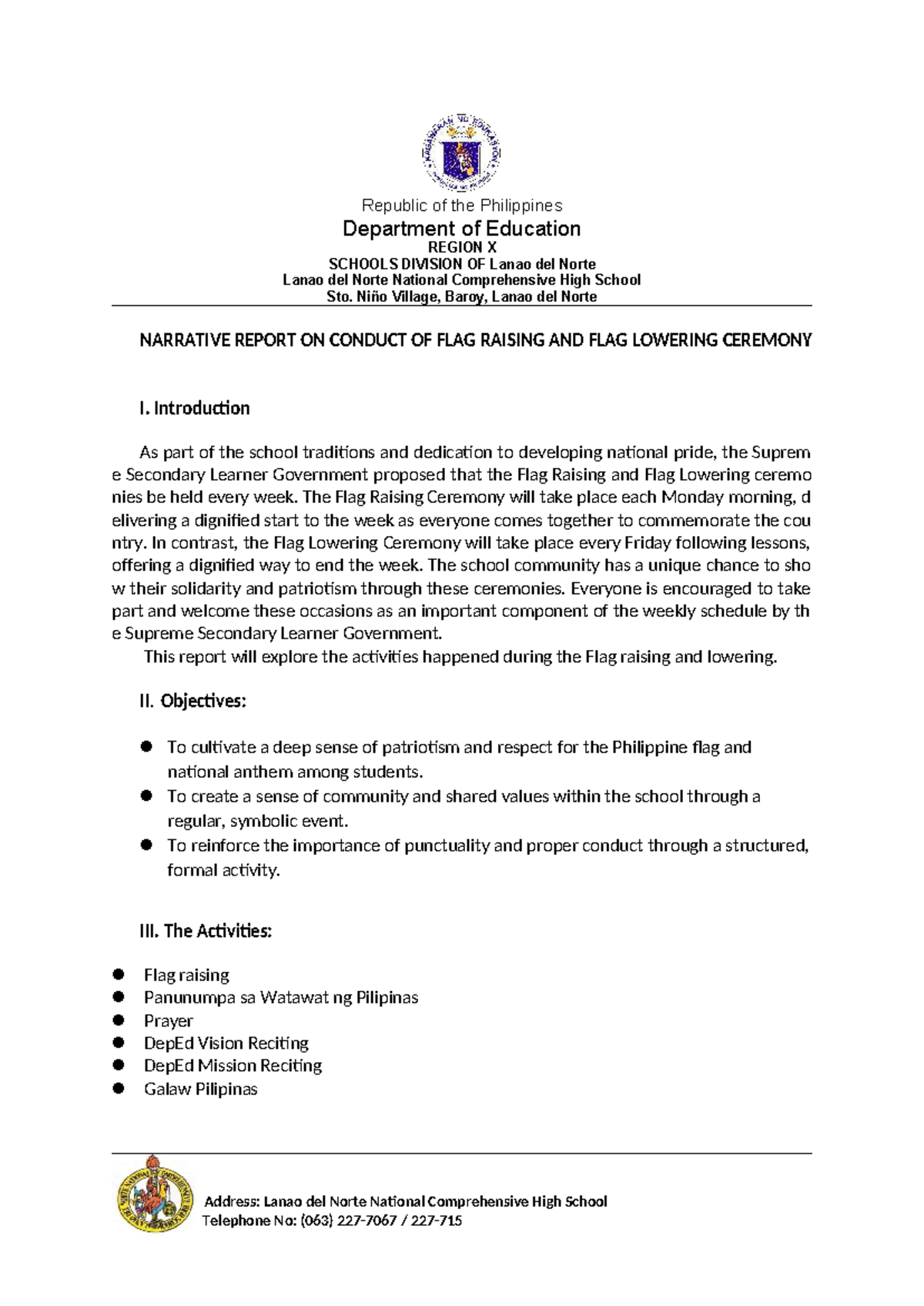 Narrative Report on Flag Raising & Lowering Ceremony - Studocu