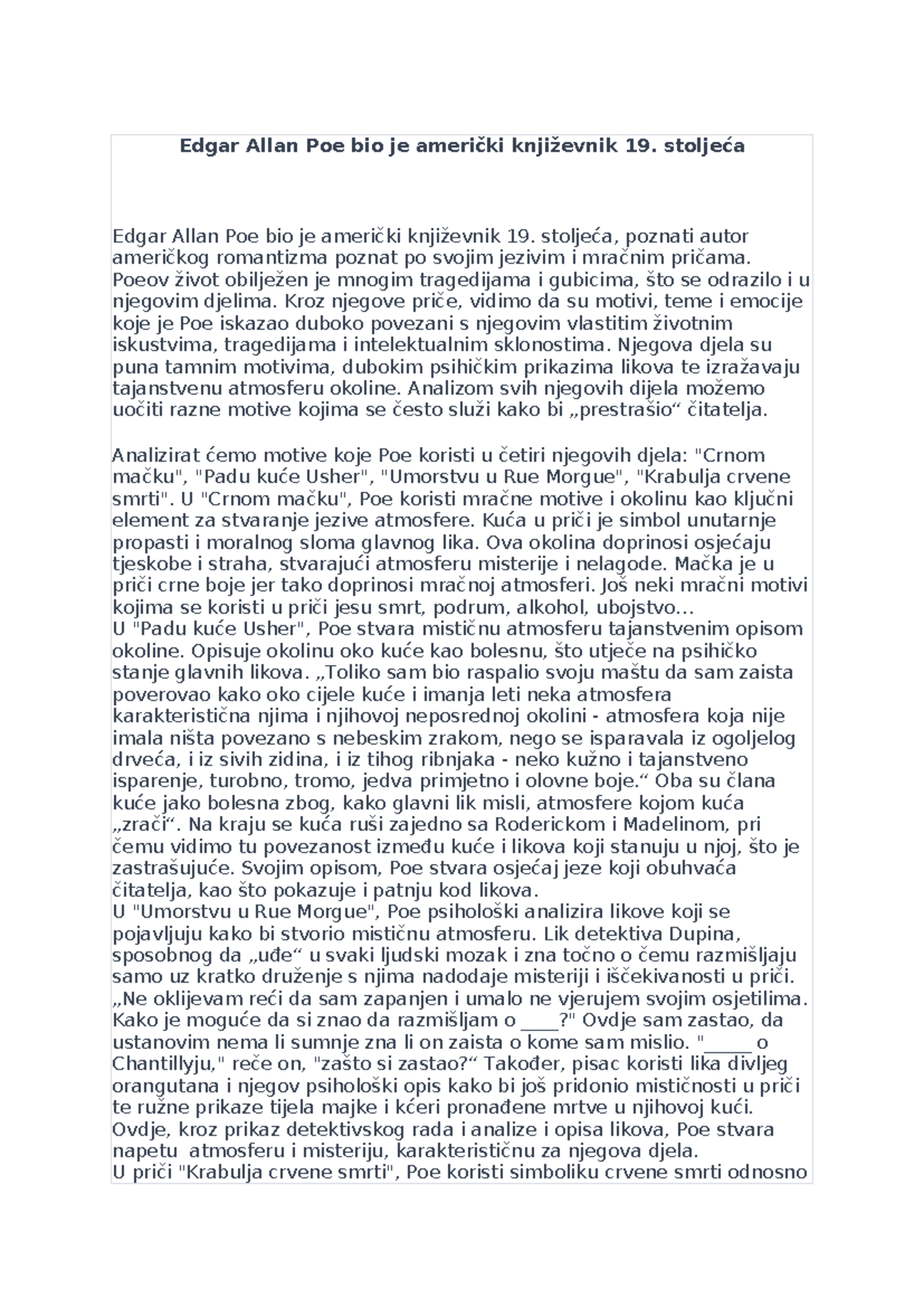 Analiza mračnih motiva u djelima Edgara Allana Poea - Studocu