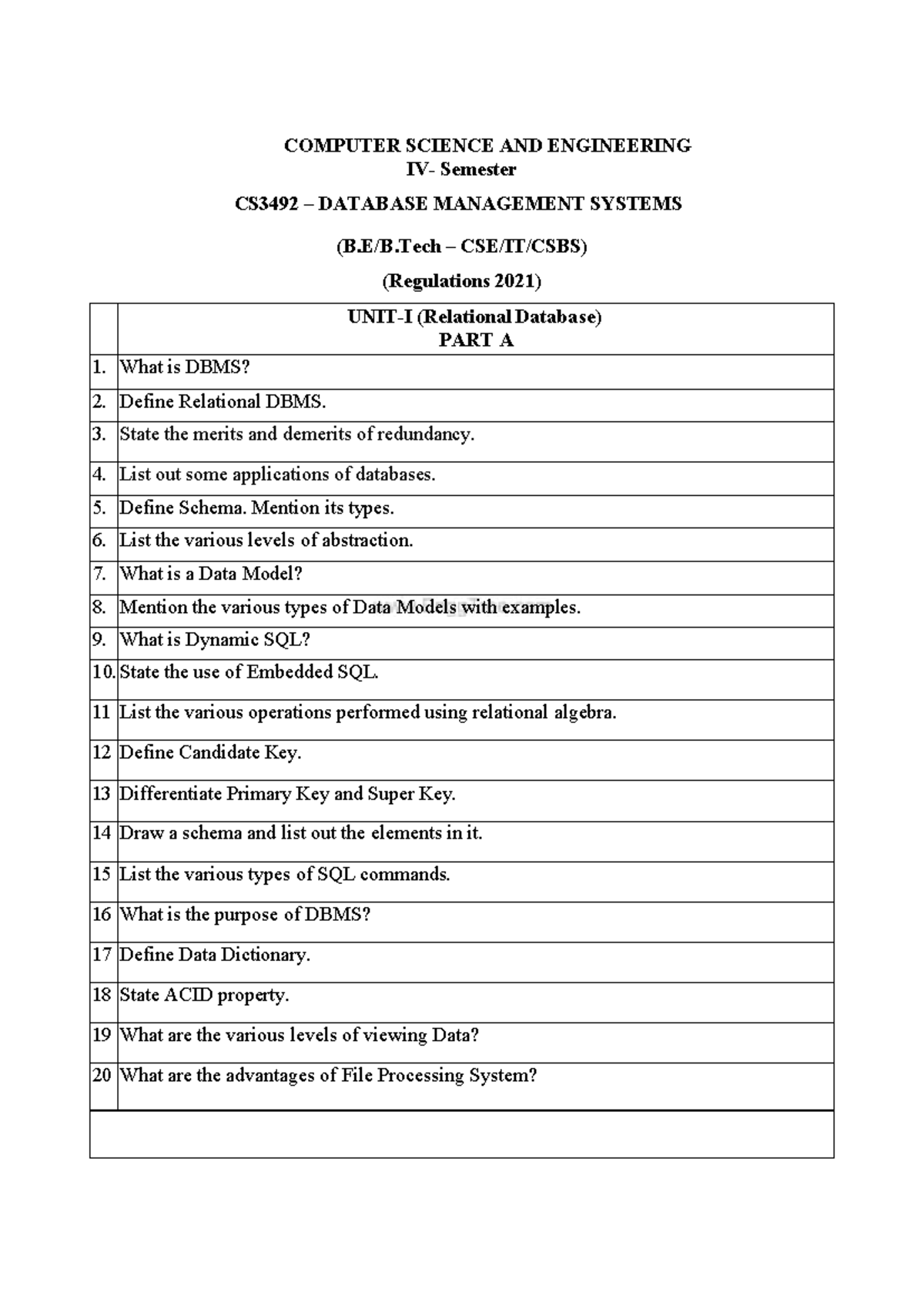 CS3492 Database Management Systems Question Bank (Regulations 2021 ...