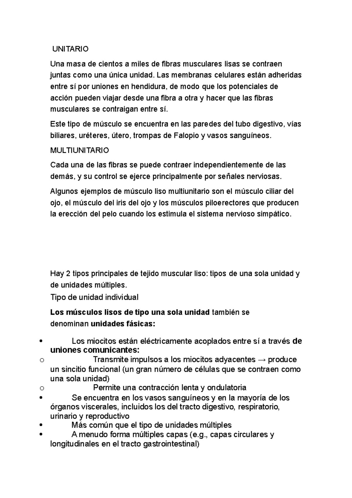 Tipos de Músculo Liso: Unitario y Multiunitario - Biología 101 - Studocu