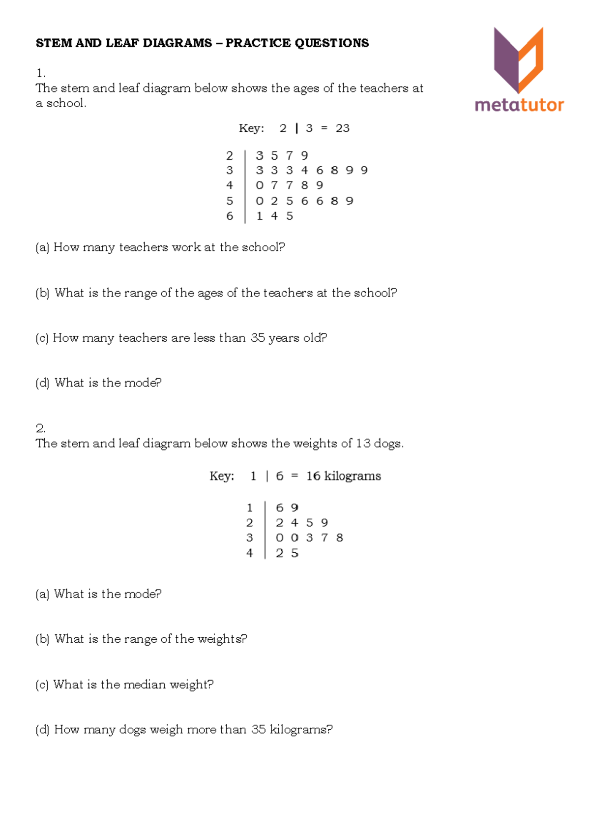 STEM AND LEAF DIAGRAMS - PRACTICE WORKSHEET - Studocu