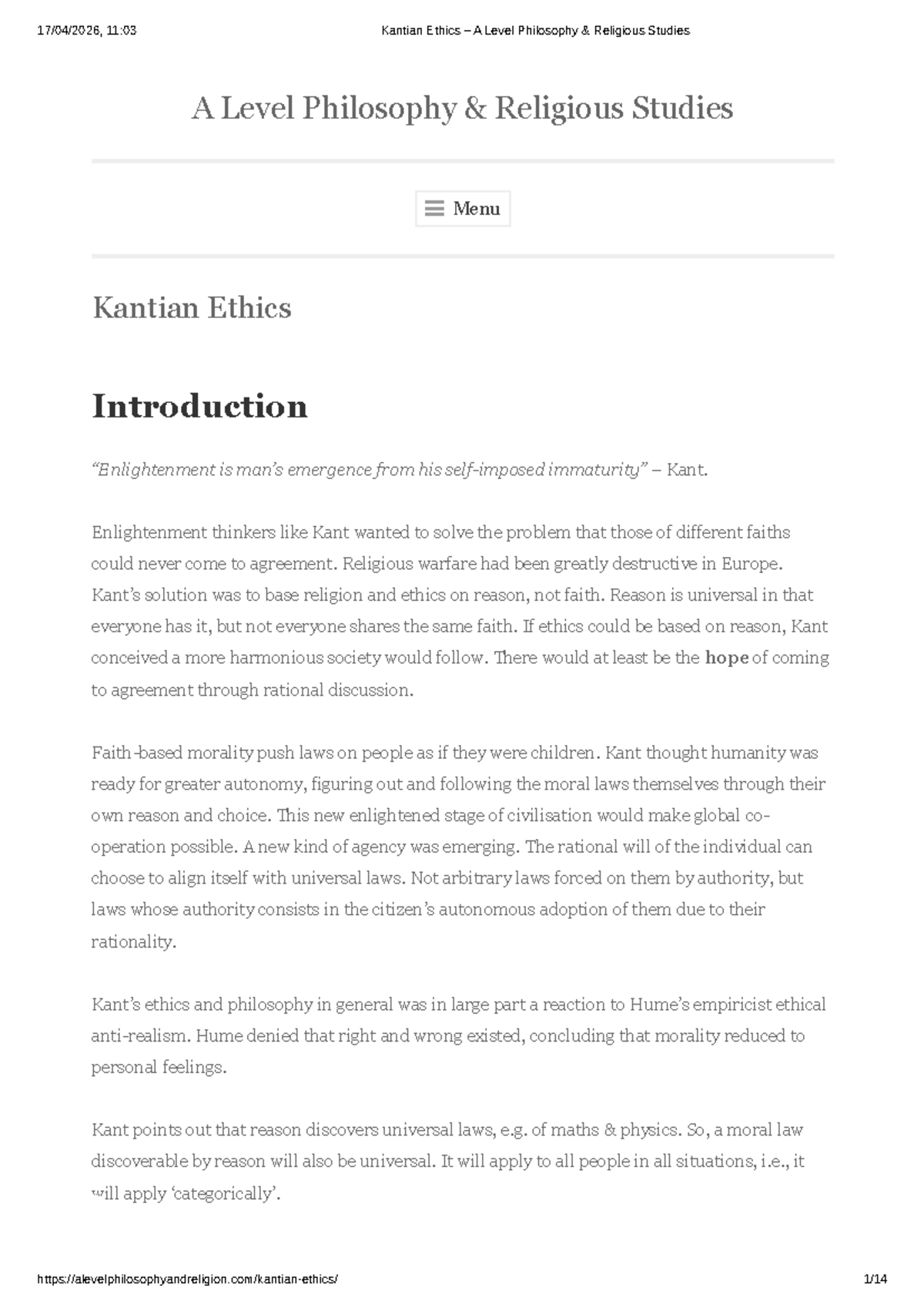 Kantian Ethics Overview - A Level Philosophy & Religious Studies - Studocu