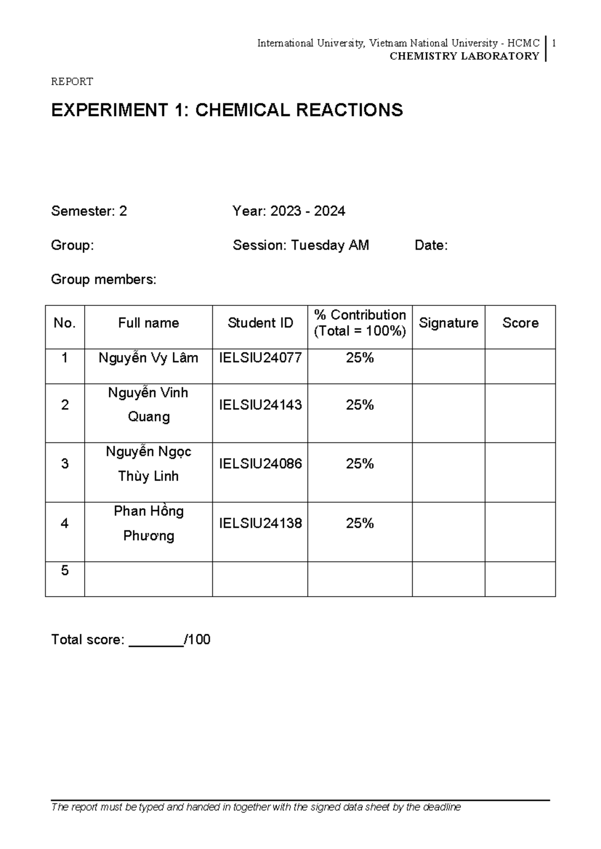 CHEM 241 Lab Report 1: Guidelines for Chemical Reactions Experiment ...
