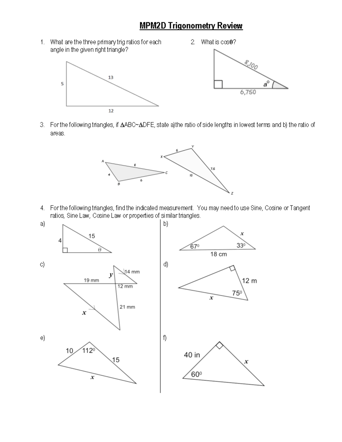 MPM2D Final Exam Review - Trigonometry Concepts & Applications - Studocu