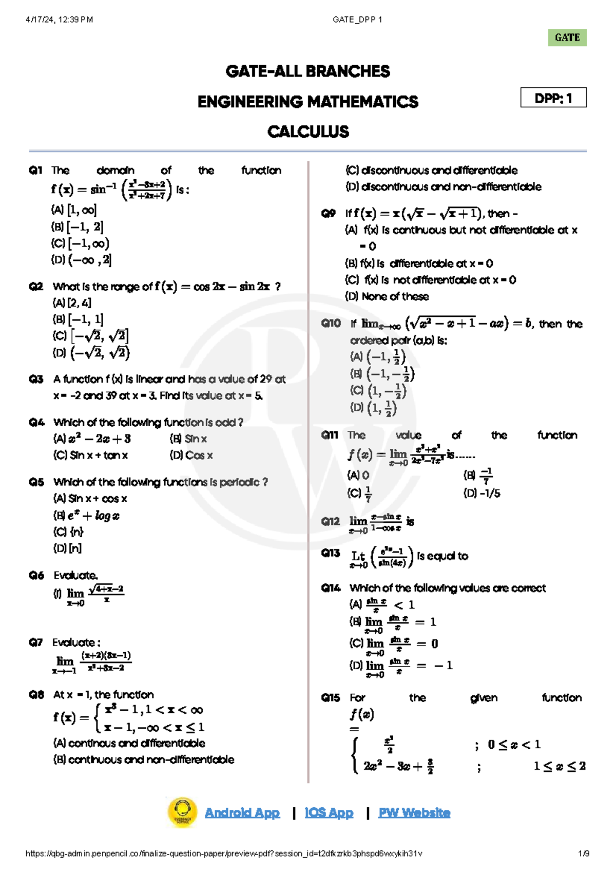 Calculus DPP 01 Solutions & Key - GATE All Branches - Studocu
