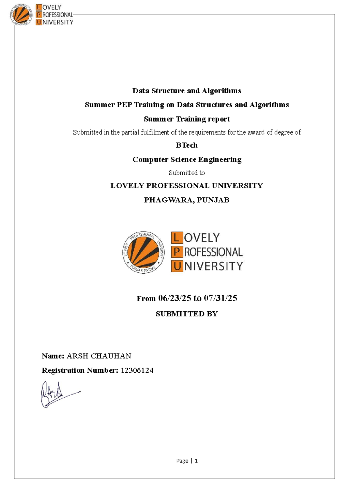 Summer Training Report on Data Structures and Algorithms (BTech CSE) - Studocu