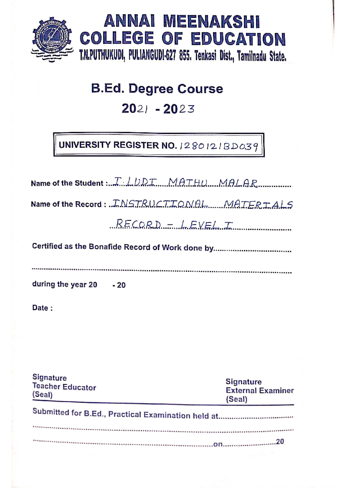 Instructional Materials Record Level I for B.Degree Course 2021-2023 ...
