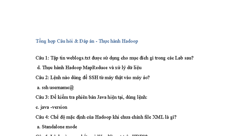 Tổng hợp Câu hỏi và Đáp án Thực hành Hadoop - Môn học 2023 - Studocu
