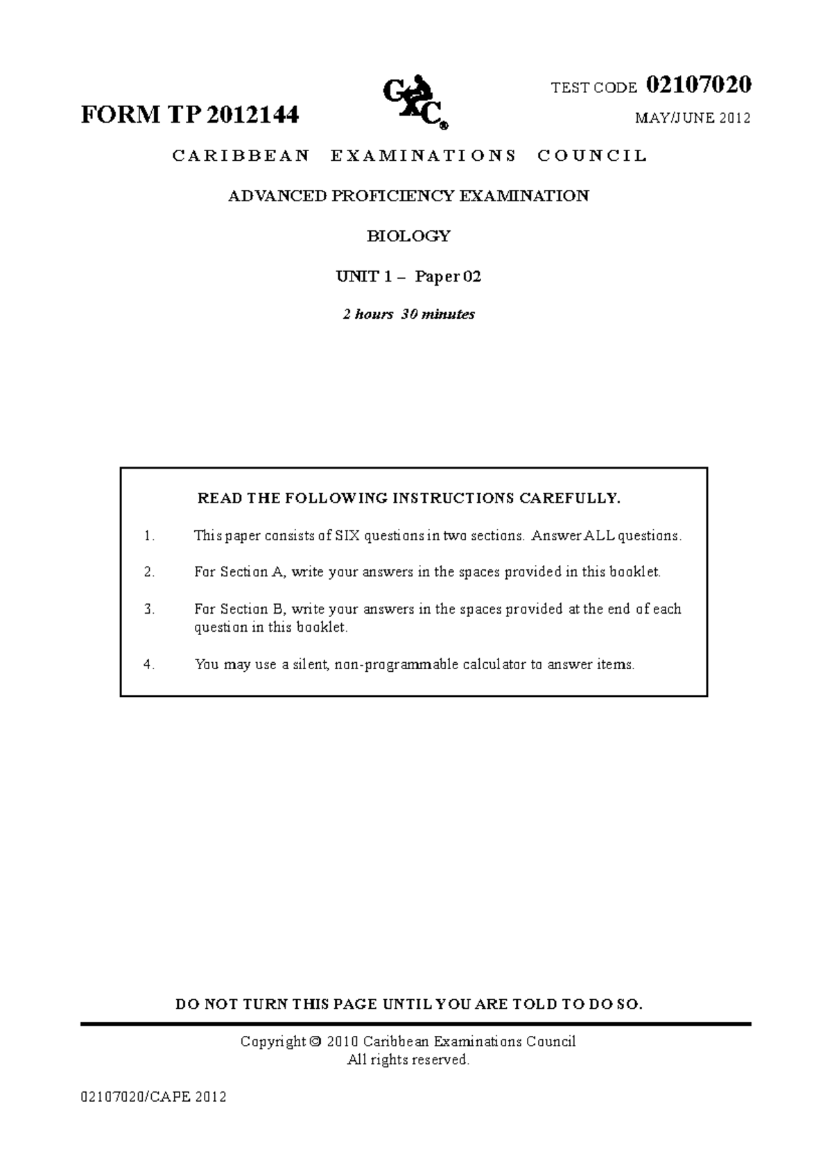 CAPE BIOLOGY UNIT 1 P2 2012 EXAMINATION PAPER - Studocu