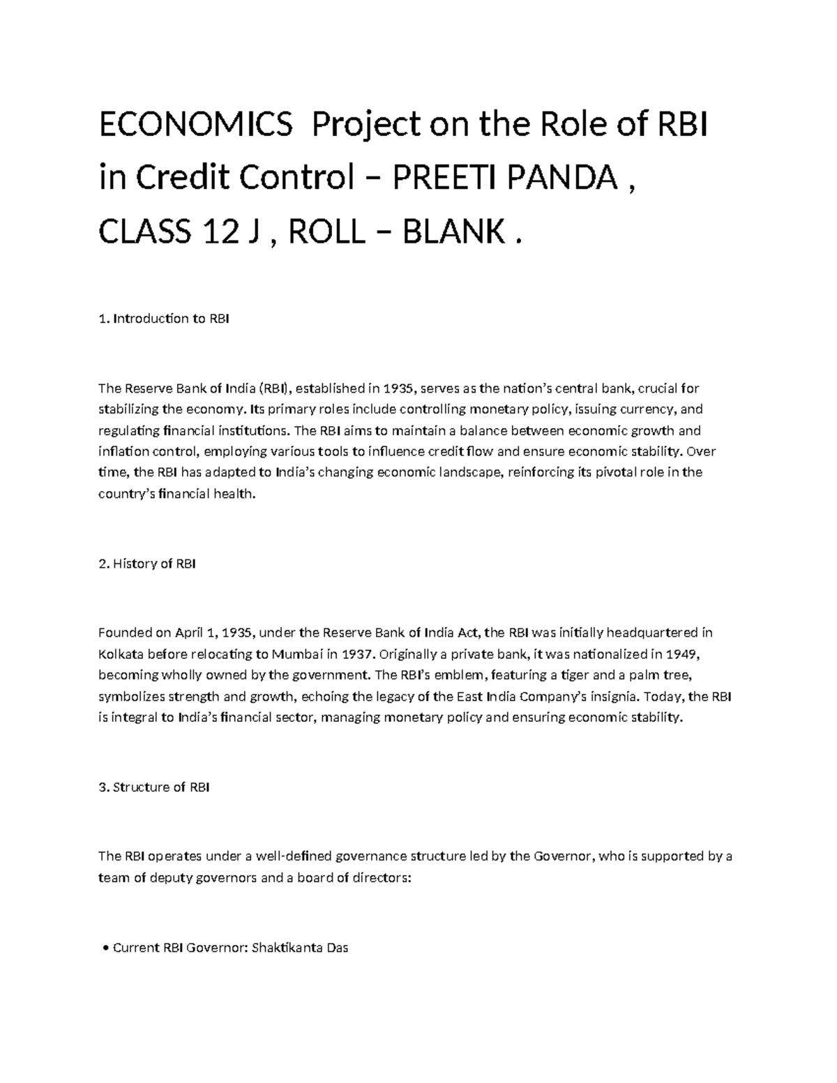 ECO Project: Role of RBI in Credit Control and Monetary Policy - Studocu