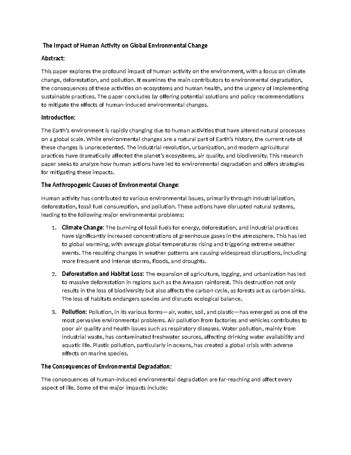 The Impact of Human Activity on Global Environmental Change - The ...