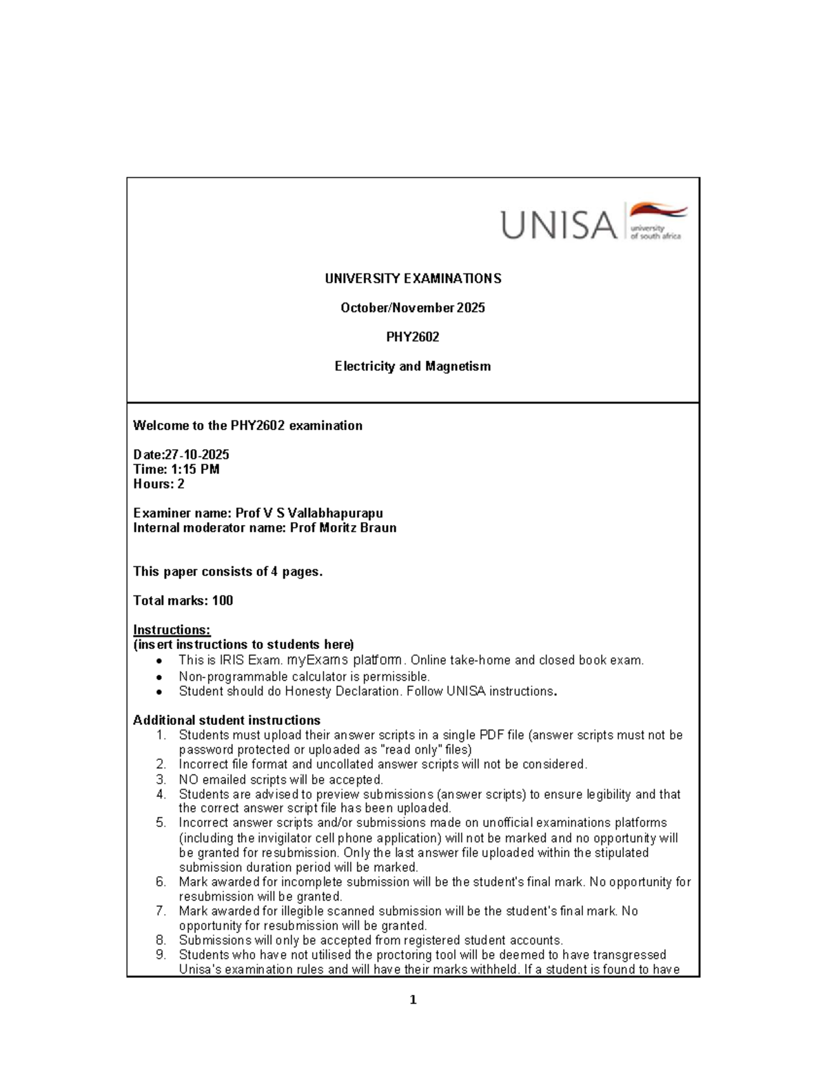 PHY2602 Final Exam Guidelines: Electricity and Magnetism 2025 - Studocu