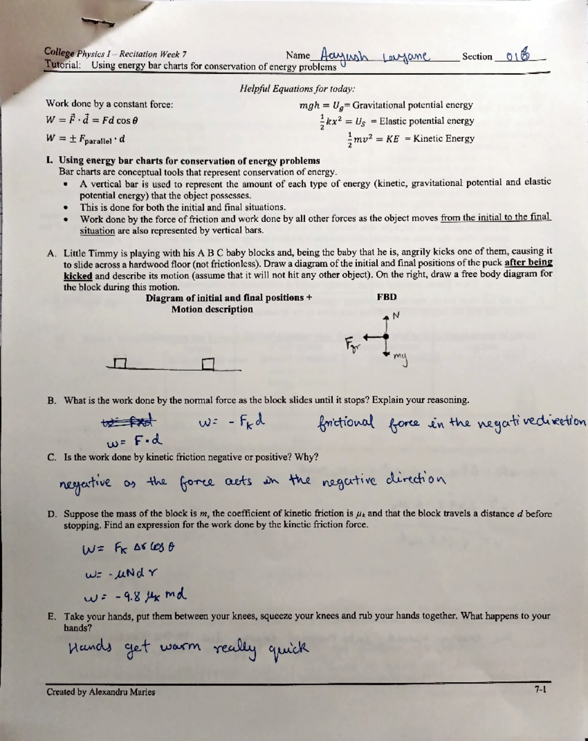 PHYS 101 Recitation Week 7: Energy Bar Charts & Conservation of Energy - Studocu