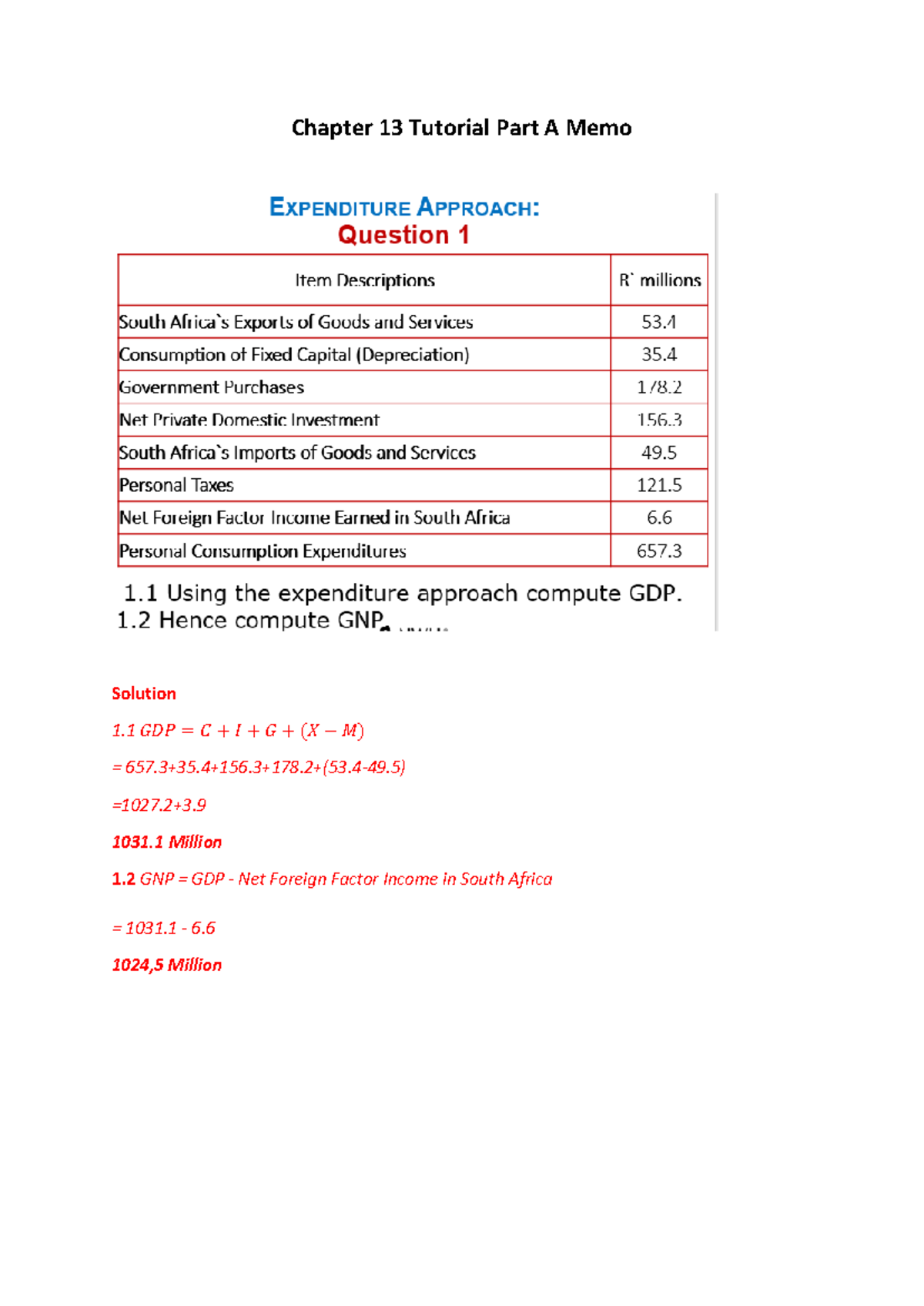 Chapter 13 Tutorial Part A Memo Solutions for GDP Calculations - Studocu